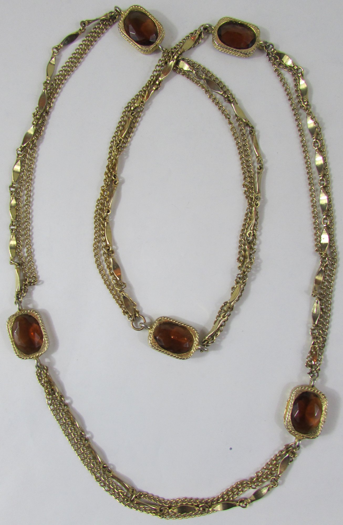 Vintage Double Strand CHAIN Necklace, Faceted Dark Amber Color Accents ...