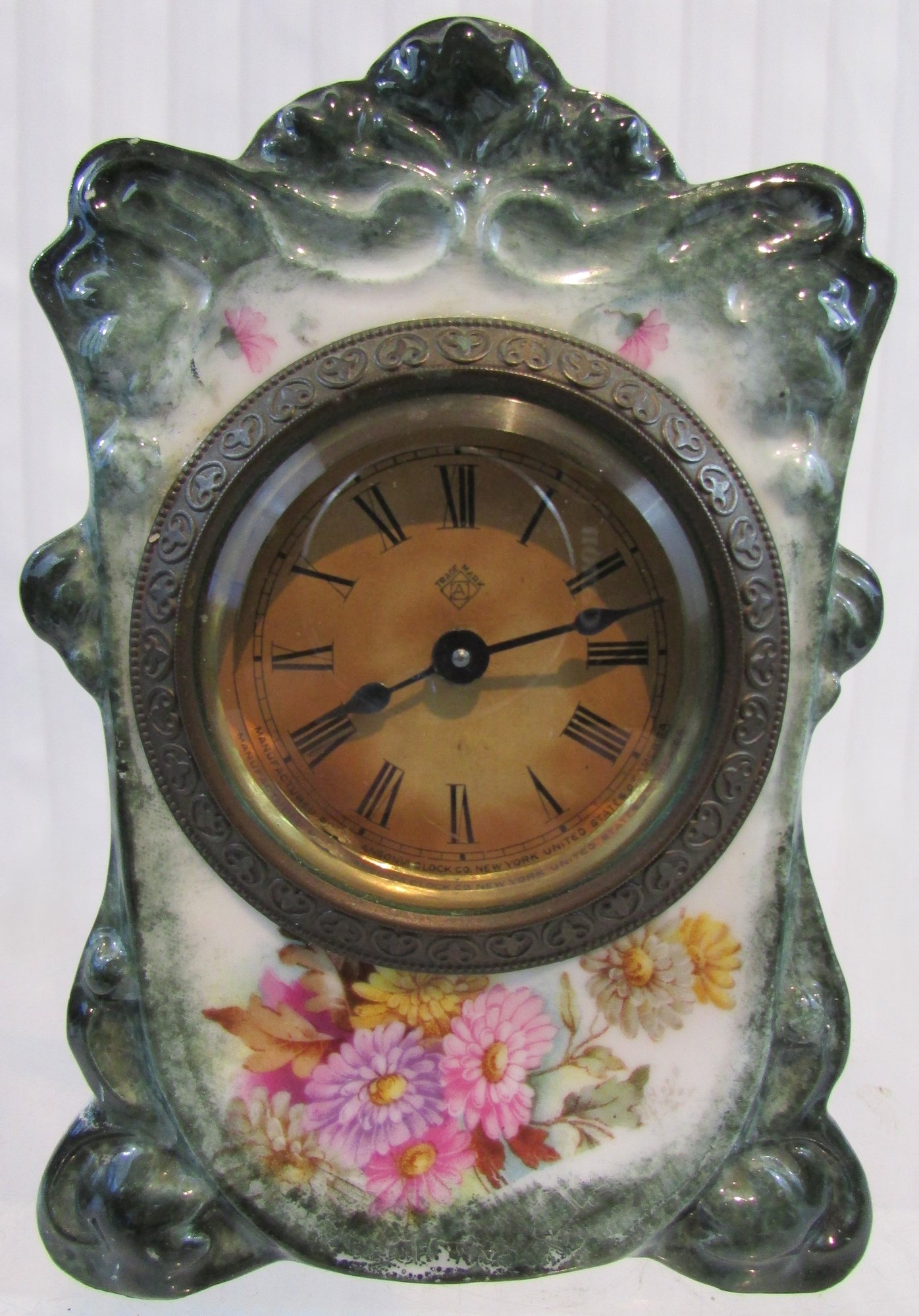 Vintage ANSONIA Brand, Round Face CLOCK, Porcelain Case, Floral ...