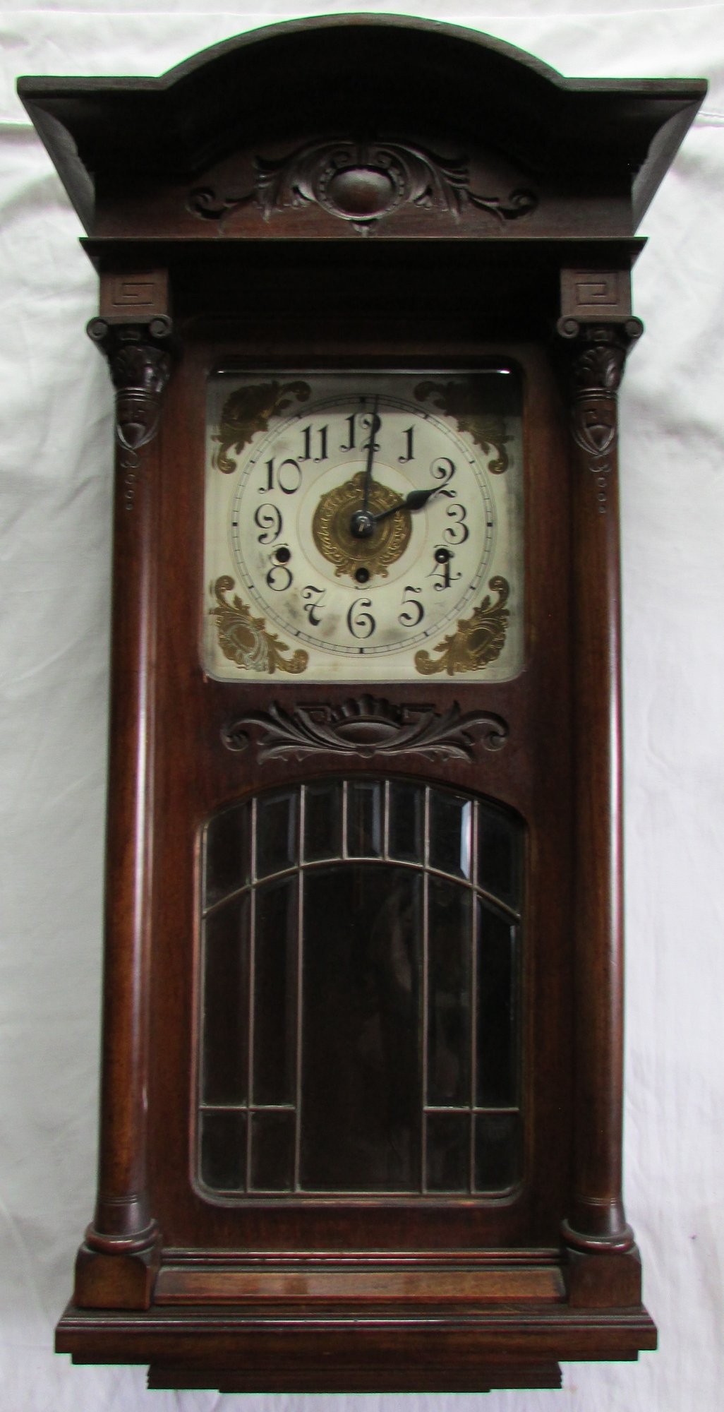 Vintage Wall CLOCK, Decorated FACE, Leaded Glass, Detailed WOOD Case ...