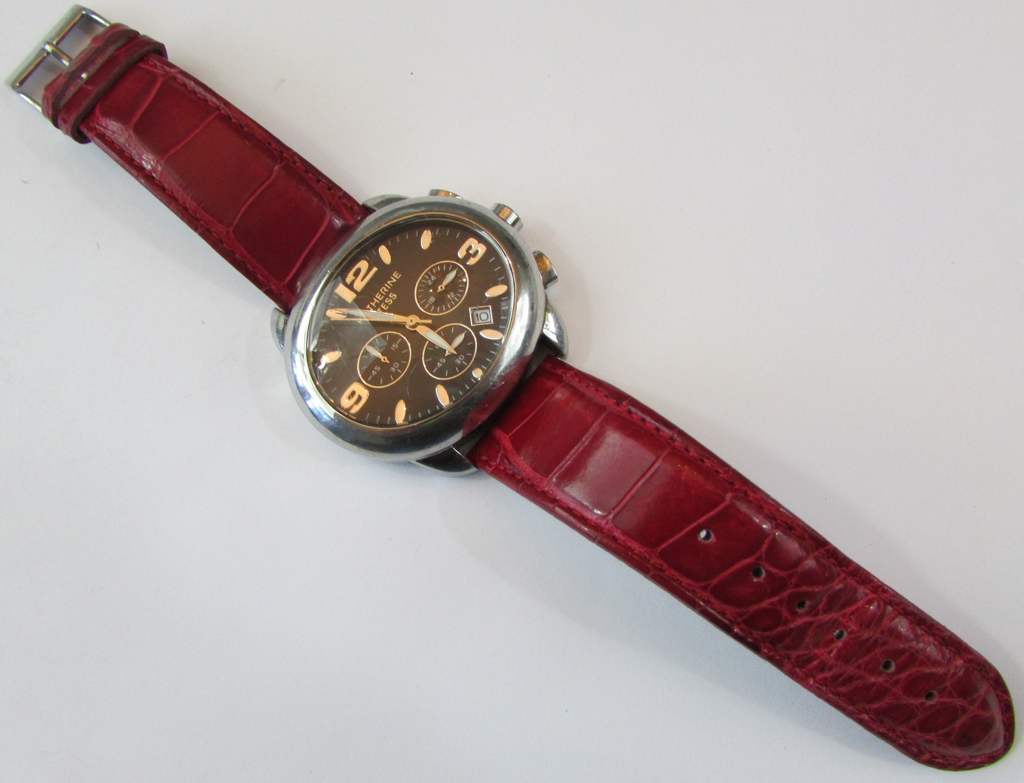 Contemporary CATHERINE TESS Brand, Oval Face WRISTWATCH, Red Alligator ...