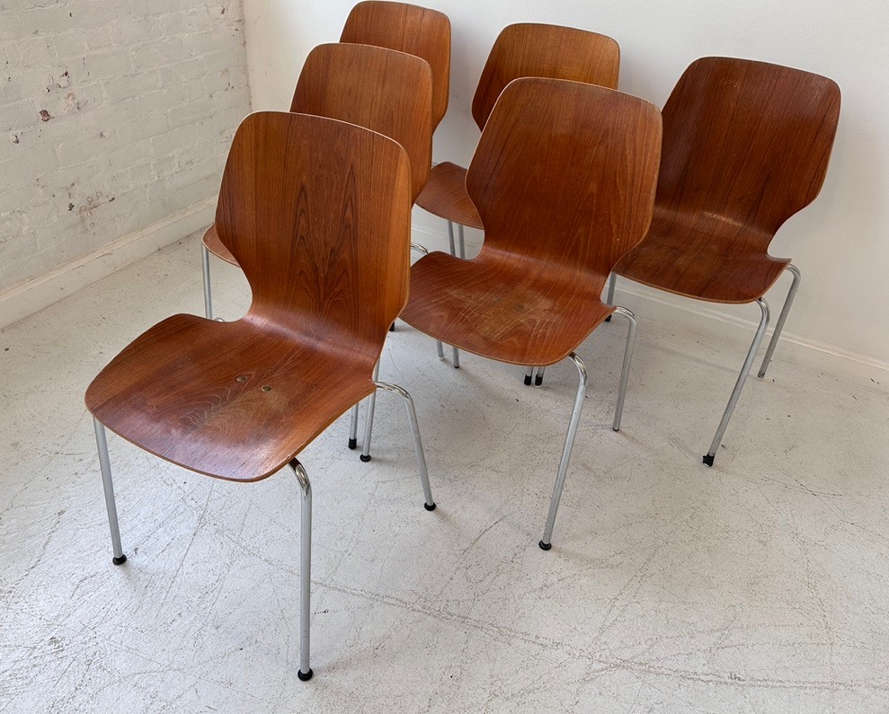 6 Danish Modern Bentwood Teak Oyvind Iversen Stacking Chairs Westnofa #4584 | Auctionninja.com