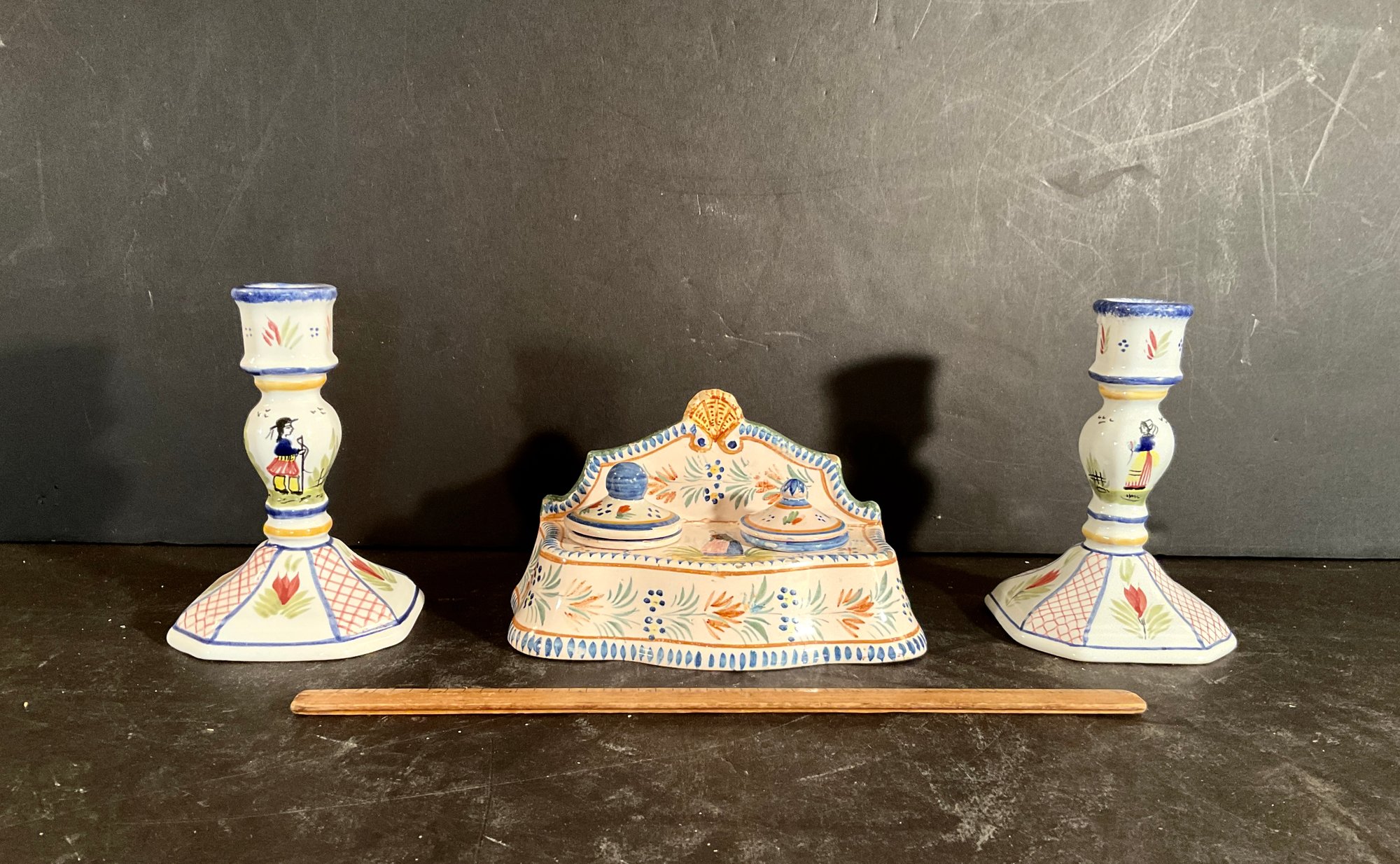 Trio Of Quimper Pottery Items Candlesticks & Inkstand #2325 ...