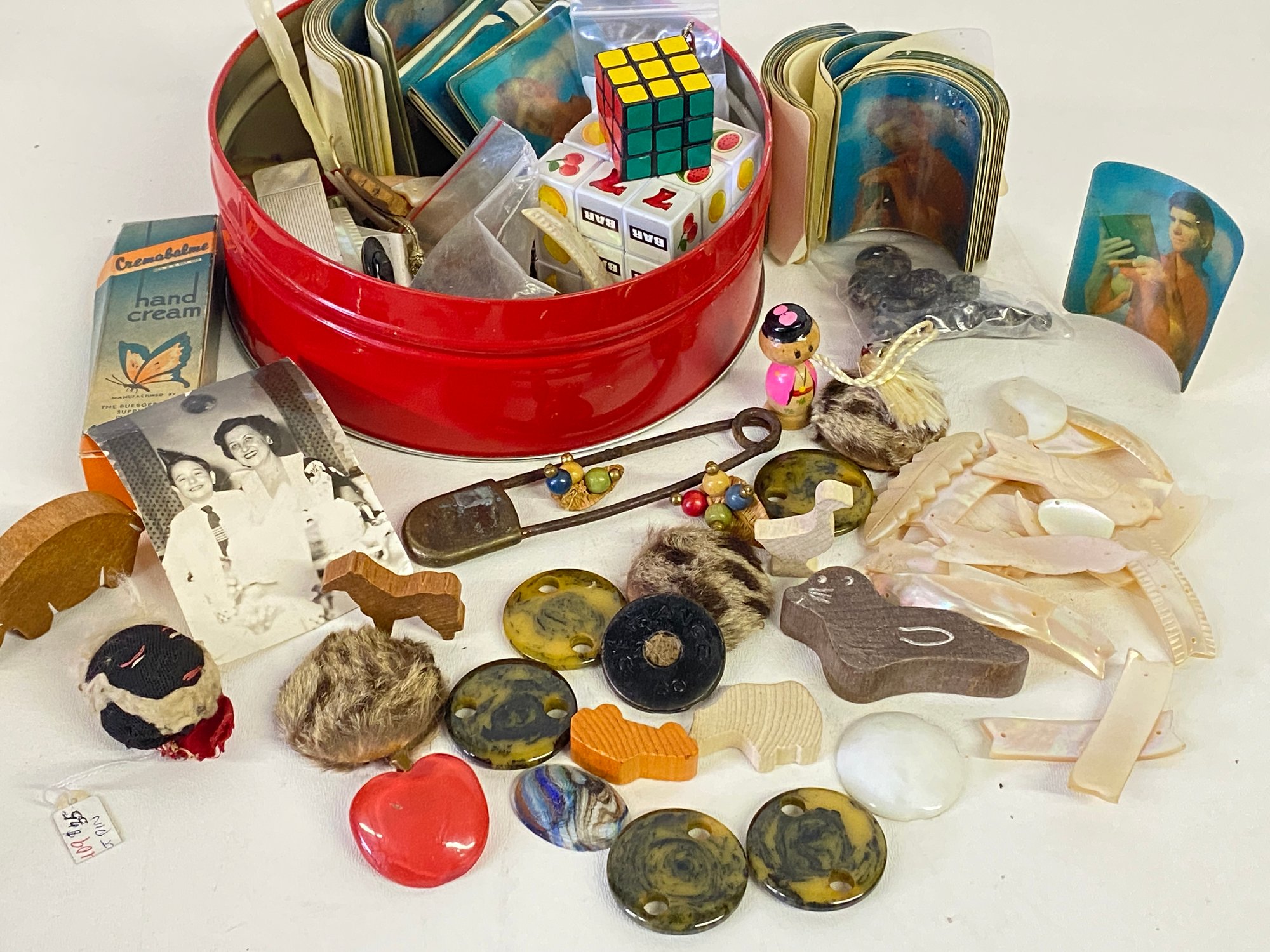 Half A Tin Full Of Random Items Including Large Old Number Pin #9427 ...