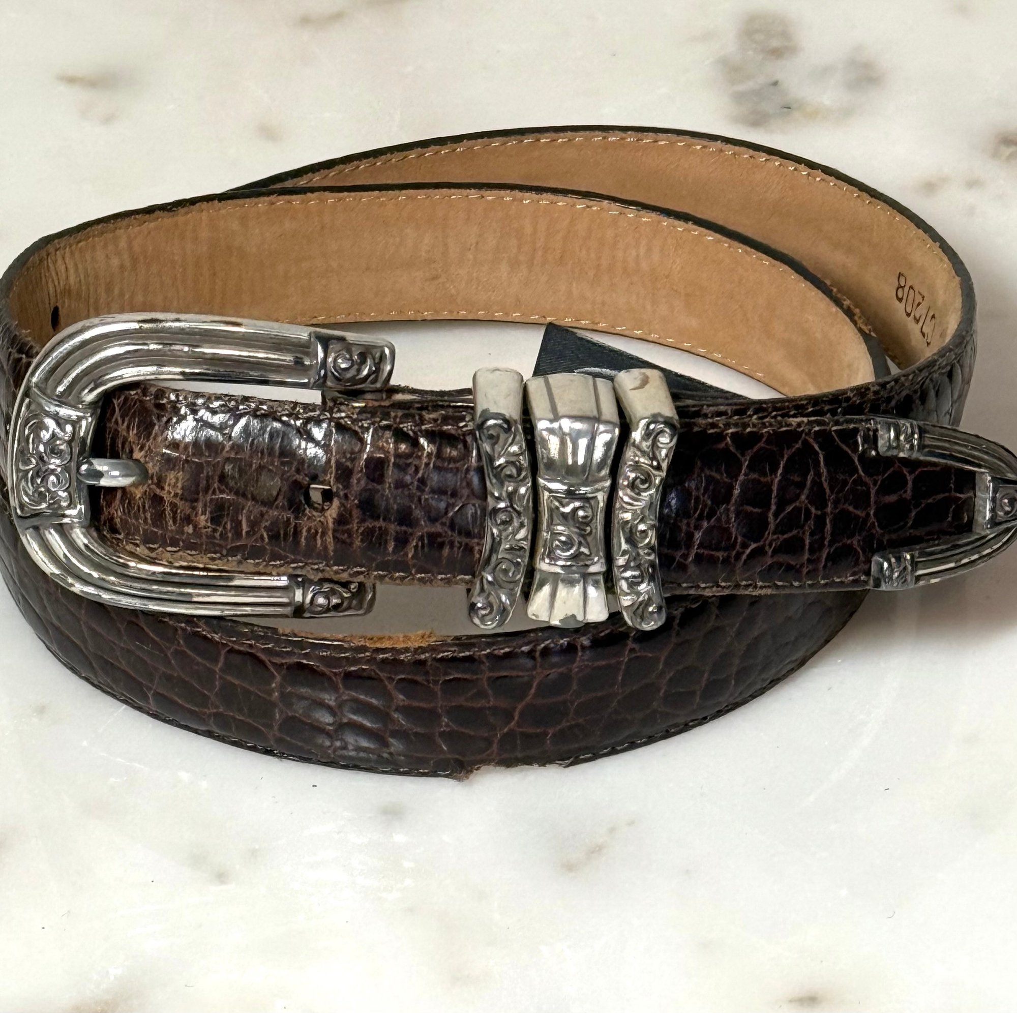Brighton Cordovan Croc Belt: Ornate Silver Buckle, Strap Holder & End ...