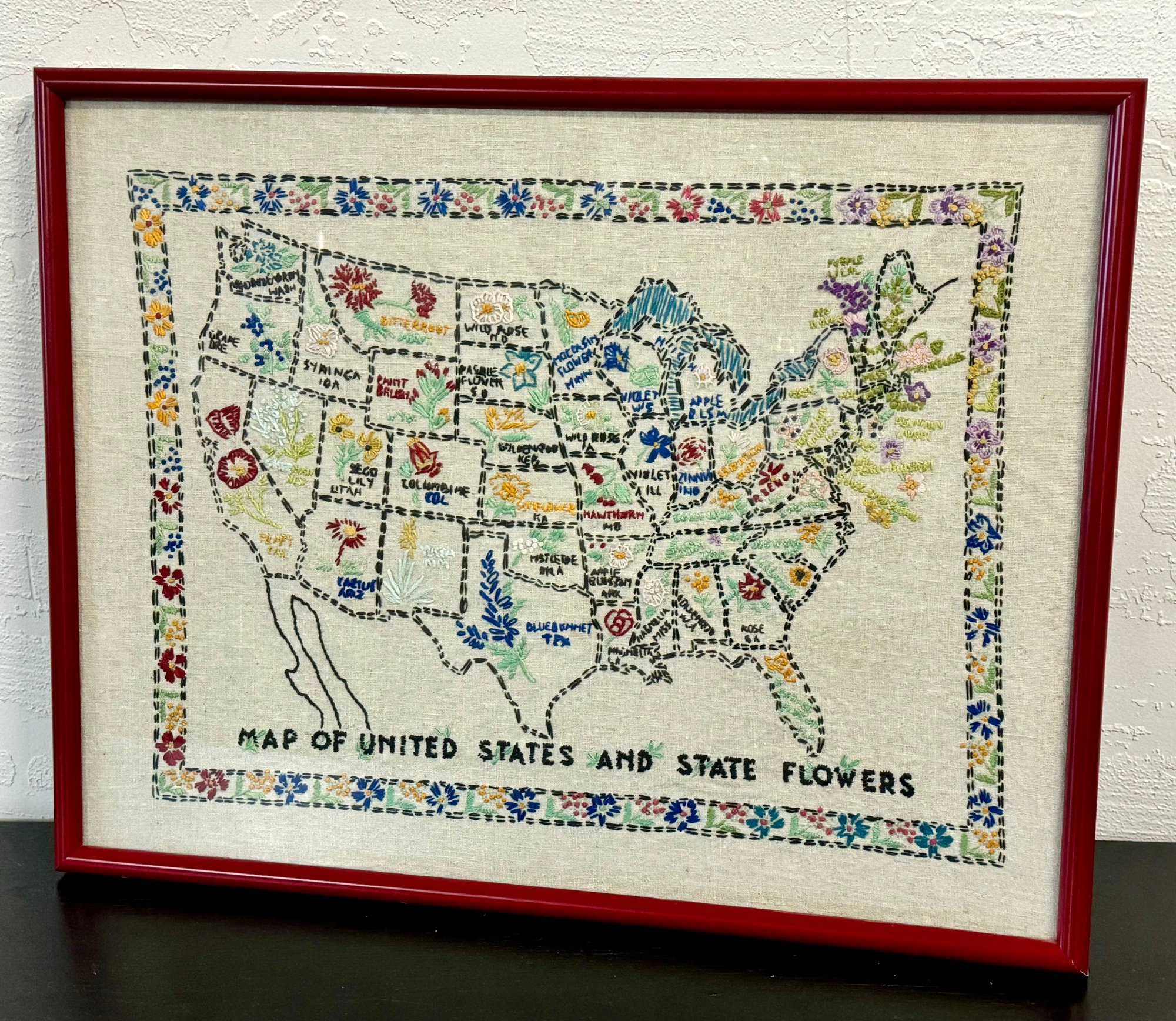 Fabulous Framed Sampler Embroidered Map Of The United States & State ...