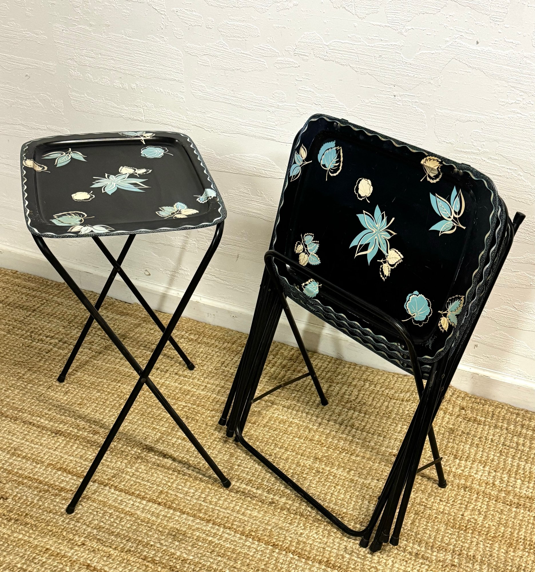 Mid Century Turquoise Black TV Tray Folding With Stand Set #15142 ...