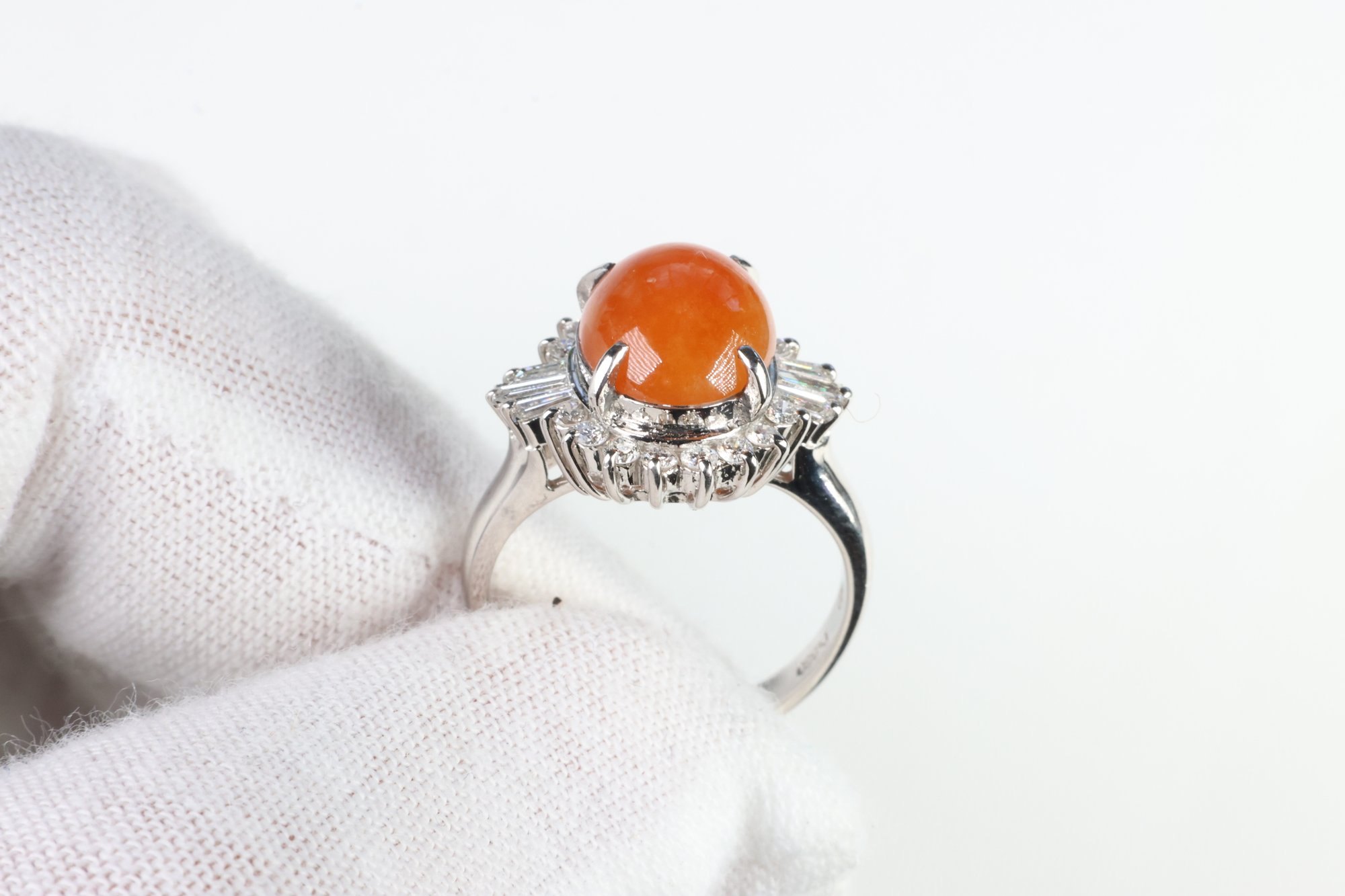 Platinum Orange Jade & Diamond Ring, 3.39ctw, 5.83 Grams Diamonds ...
