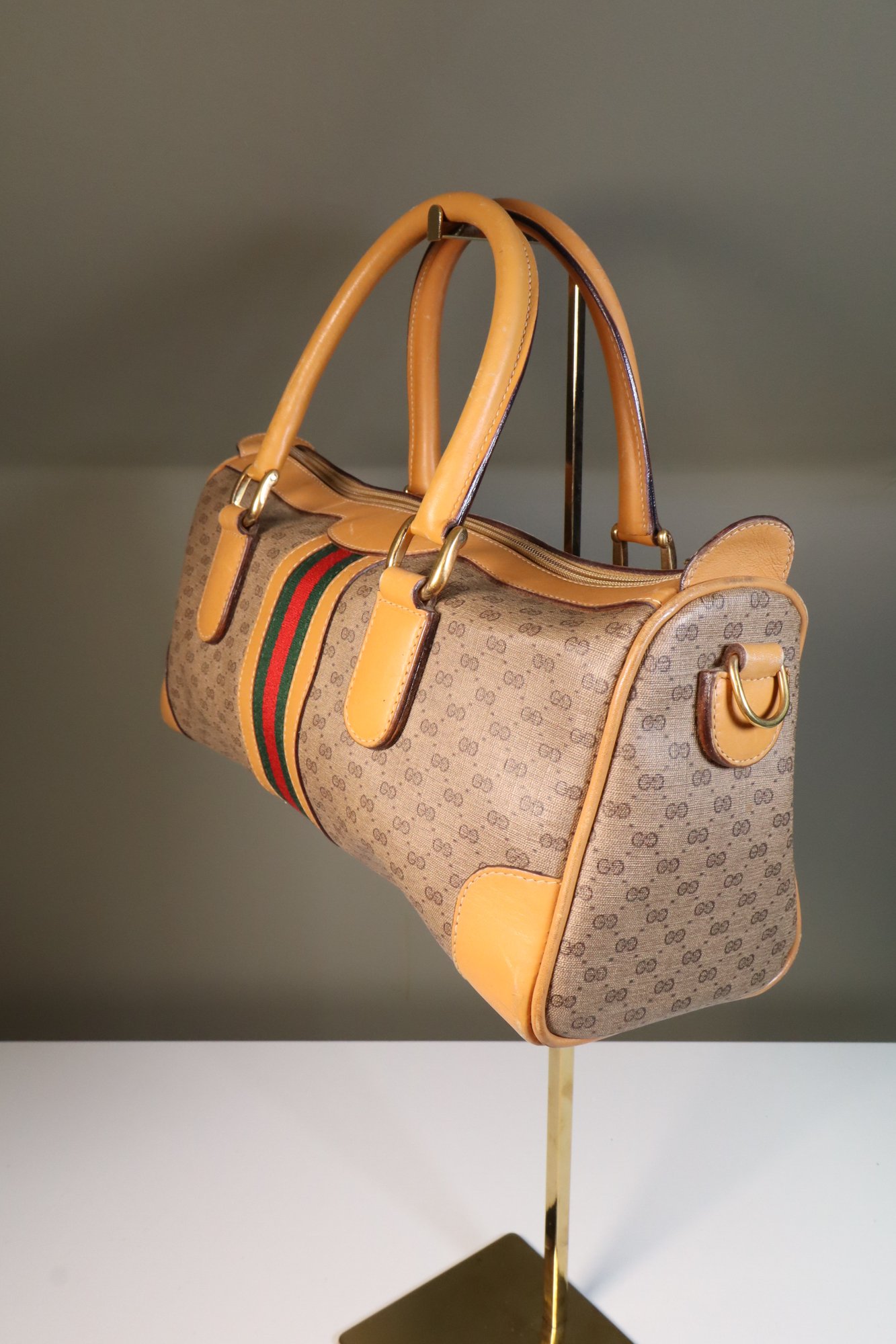 Vintage Gucci 1970s Micro GG Monogram Tan Sherry Line Boston Bag Women's Purse Fashion Beige ...