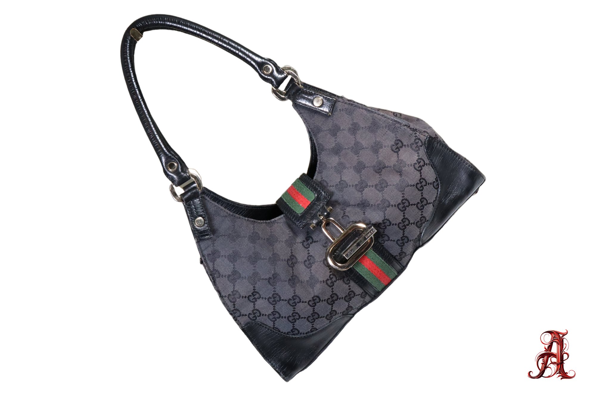 Gucci GG Monogram Black Canvas Junco Web Accent Women's Purse Shoulder ...