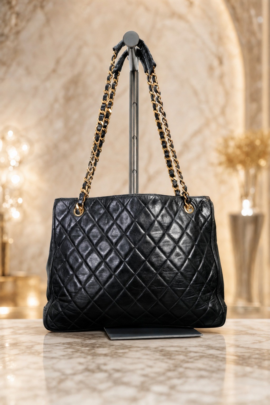 Chanel Quilted Lambskin Chain Strap Shoulder Tote Bag Black Leather ...
