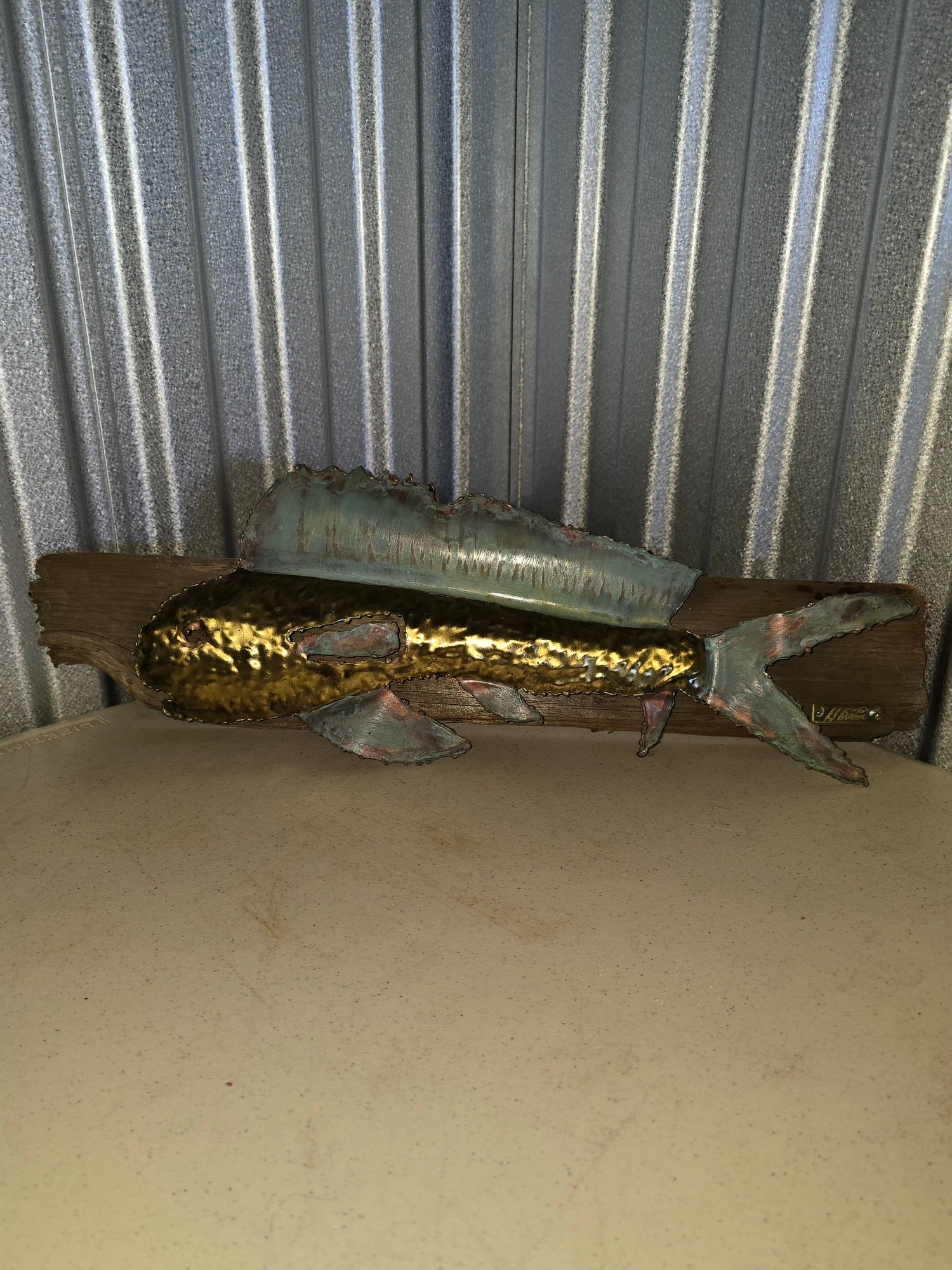 Metal Fish Sculpture On Plaque With R.J.Burton Signature #65666 ...