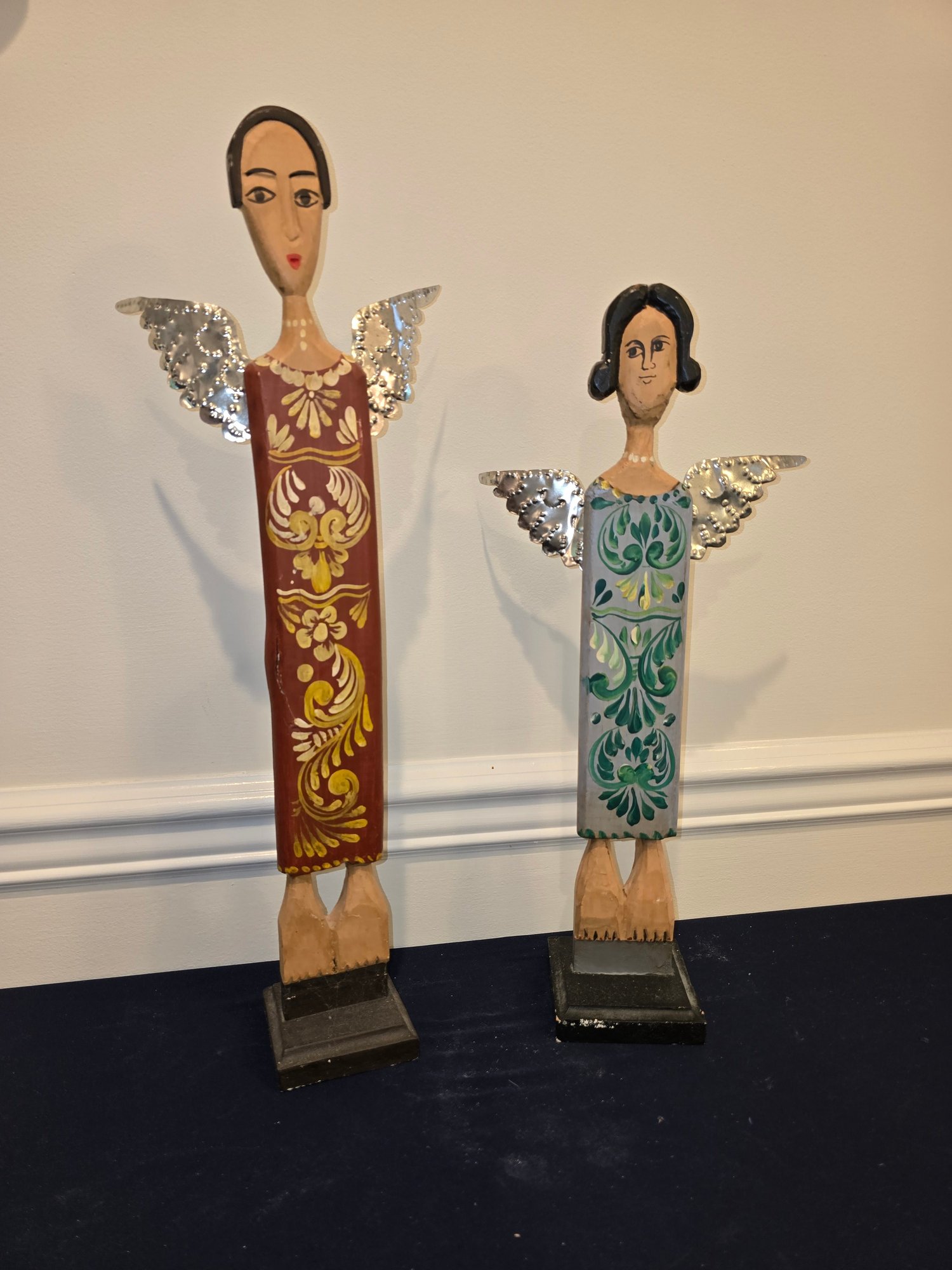 Pair Of Hand Carved Wood And Tin Angel Sculptures #69126 | Auctionninja.com
