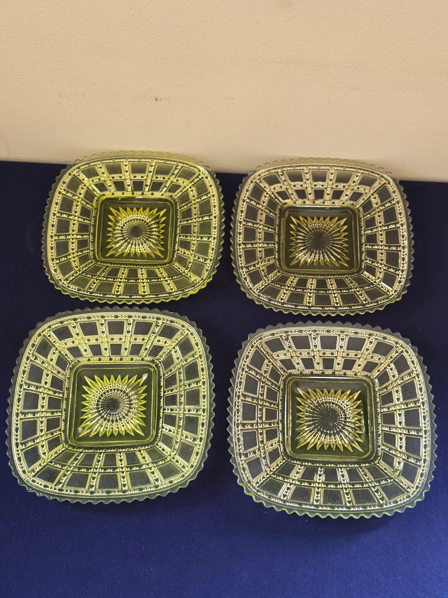 Set Of 4 Imperial Yellow Vaseline Beaded Block Glass Plates #71244 ...