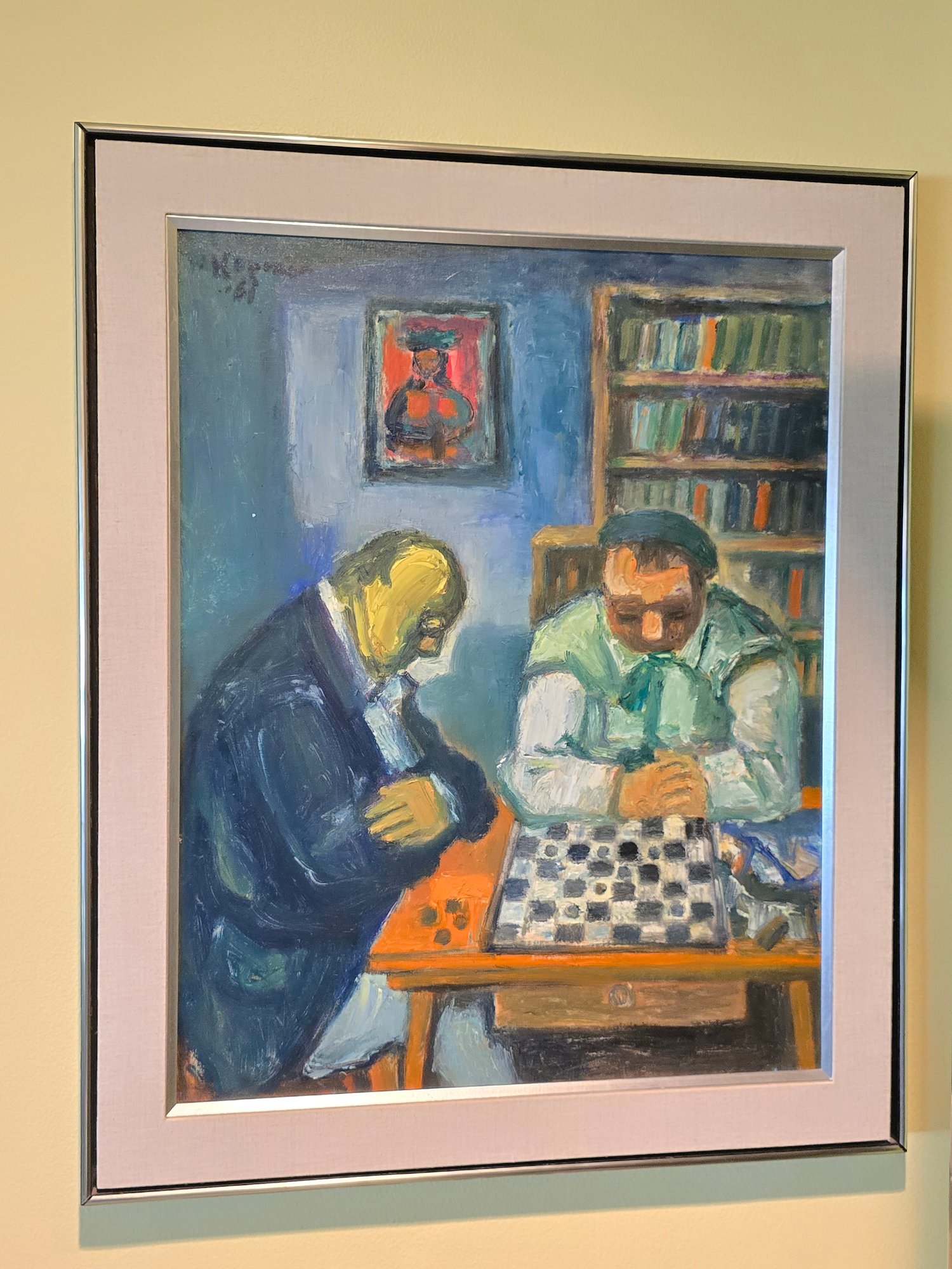 Signed Oil Painting Of Men Playing Checkers In Metal Frame #72204 ...