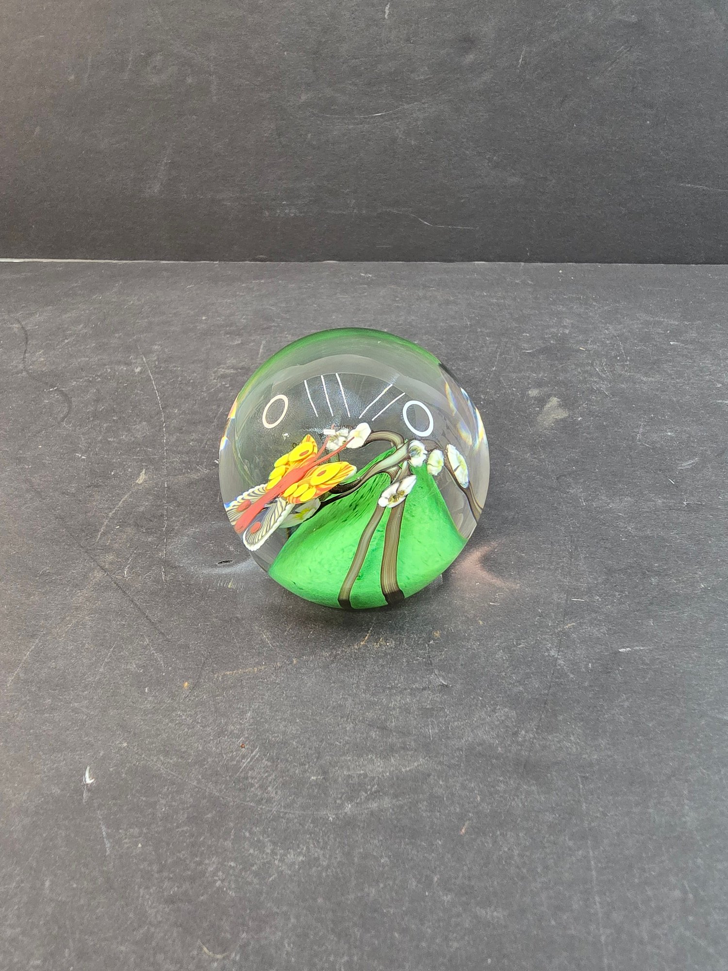 Decorative Art Glass Paperweight With Butterfly Design, Marked On ...