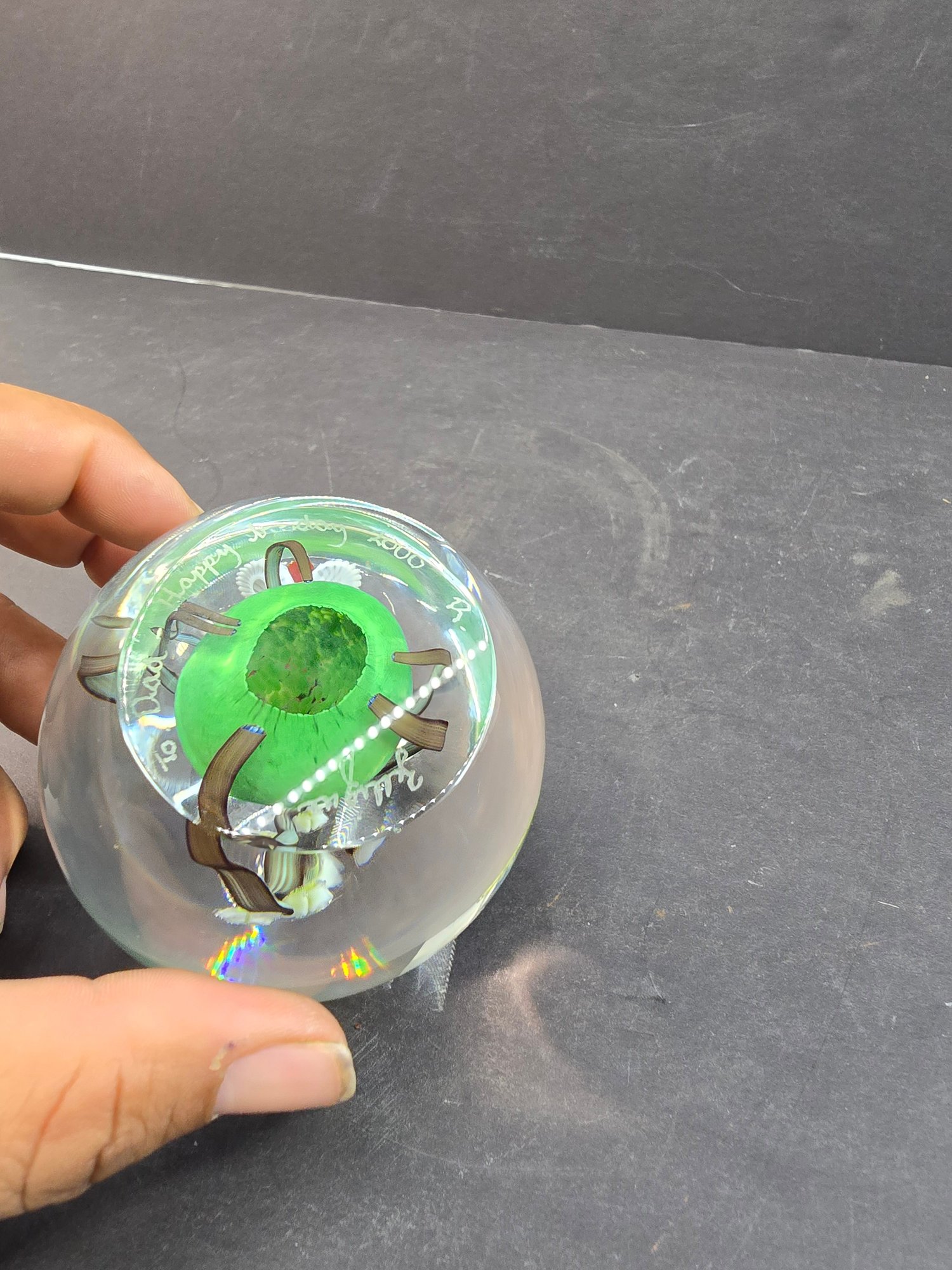 Decorative Art Glass Paperweight With Butterfly Design, Marked On ...