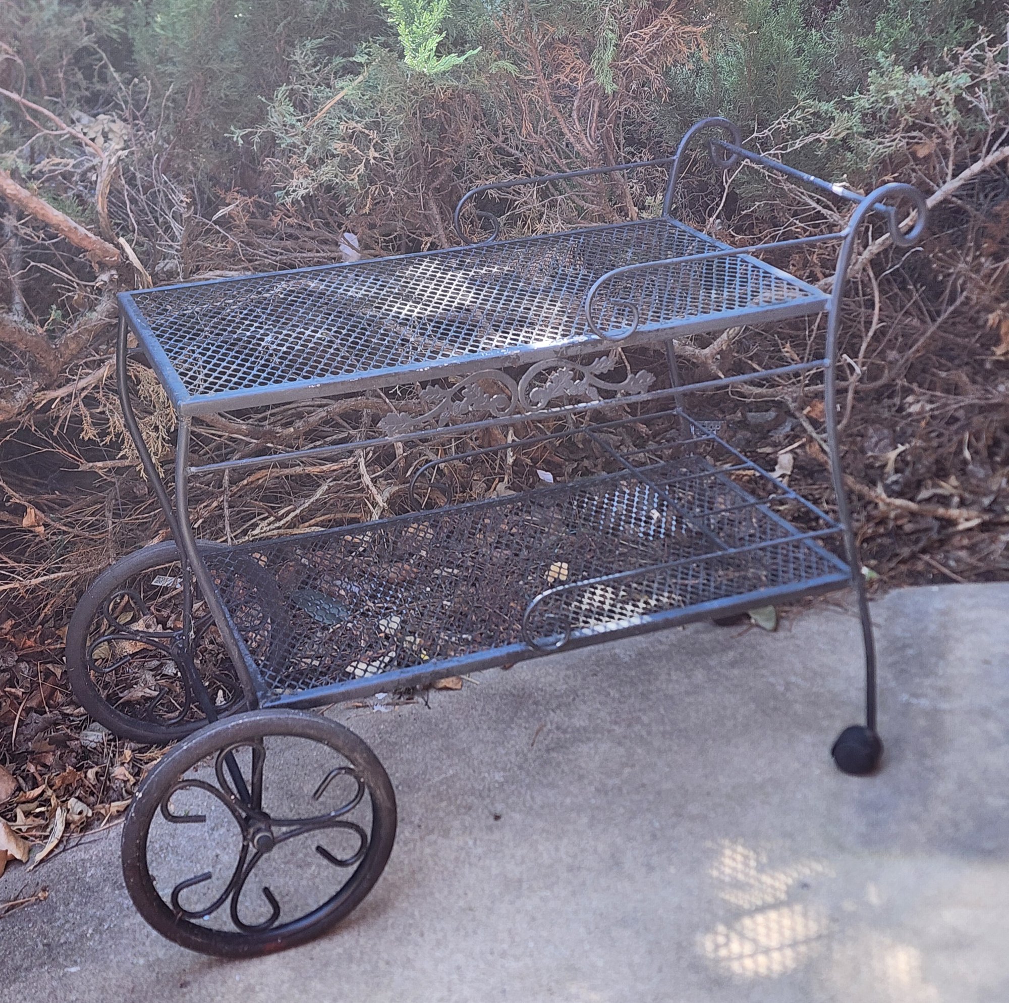Vintage Black Metal Garden Display Cart On Wheels #19749 | Auctionninja.com