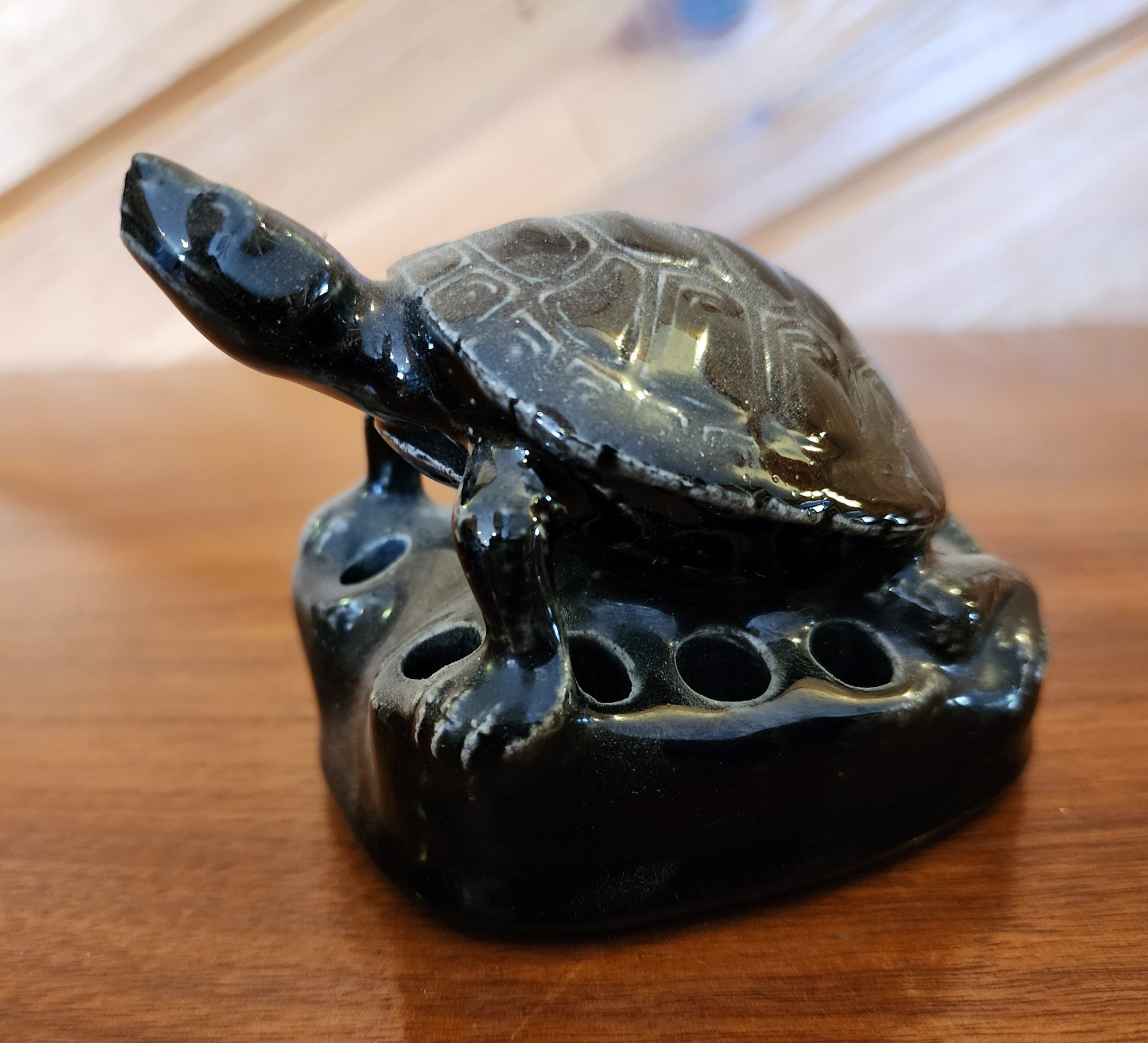 Vintage ROCKWOOD Black Mirror Glaze Finish Turtle Flower Frog #27835 ...