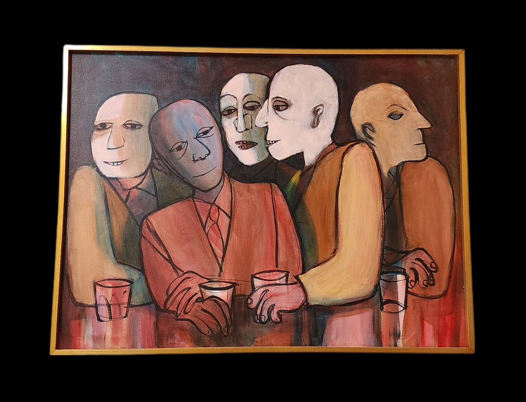 Rare PAT OLIPHANT Fine Art Oil On Canvas "MASKS" #10940 | Auctionninja.com