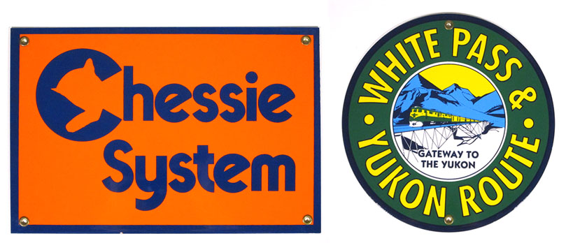 TWO REPRODUCTION RAILROAD SIGNS, INCLUDING CHESSIE SYSTEM AND WHITE ...
