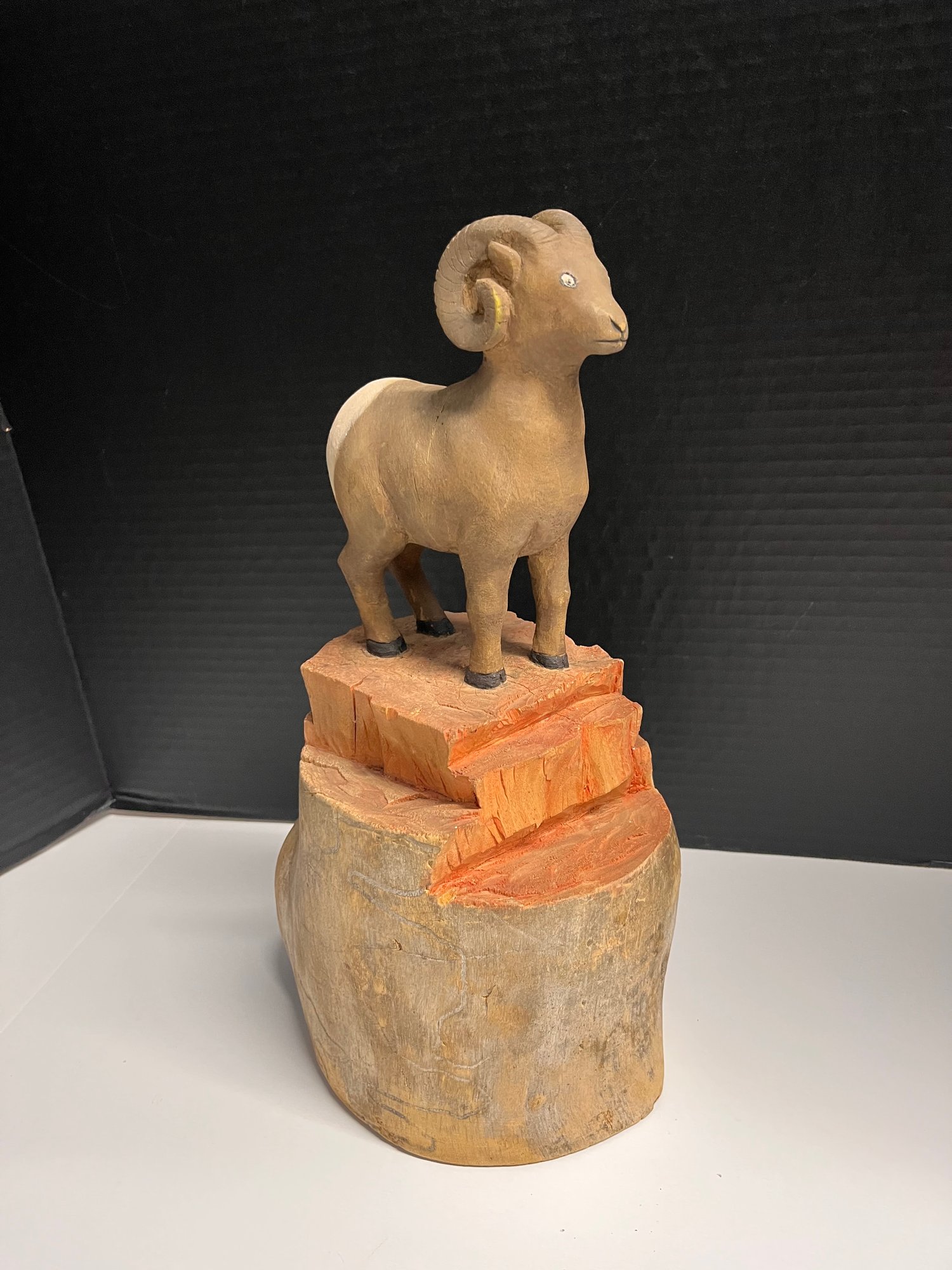 Wood Carving Of Long Horn Sheep On Stump Made By Leroy Archuleta #2611 ...