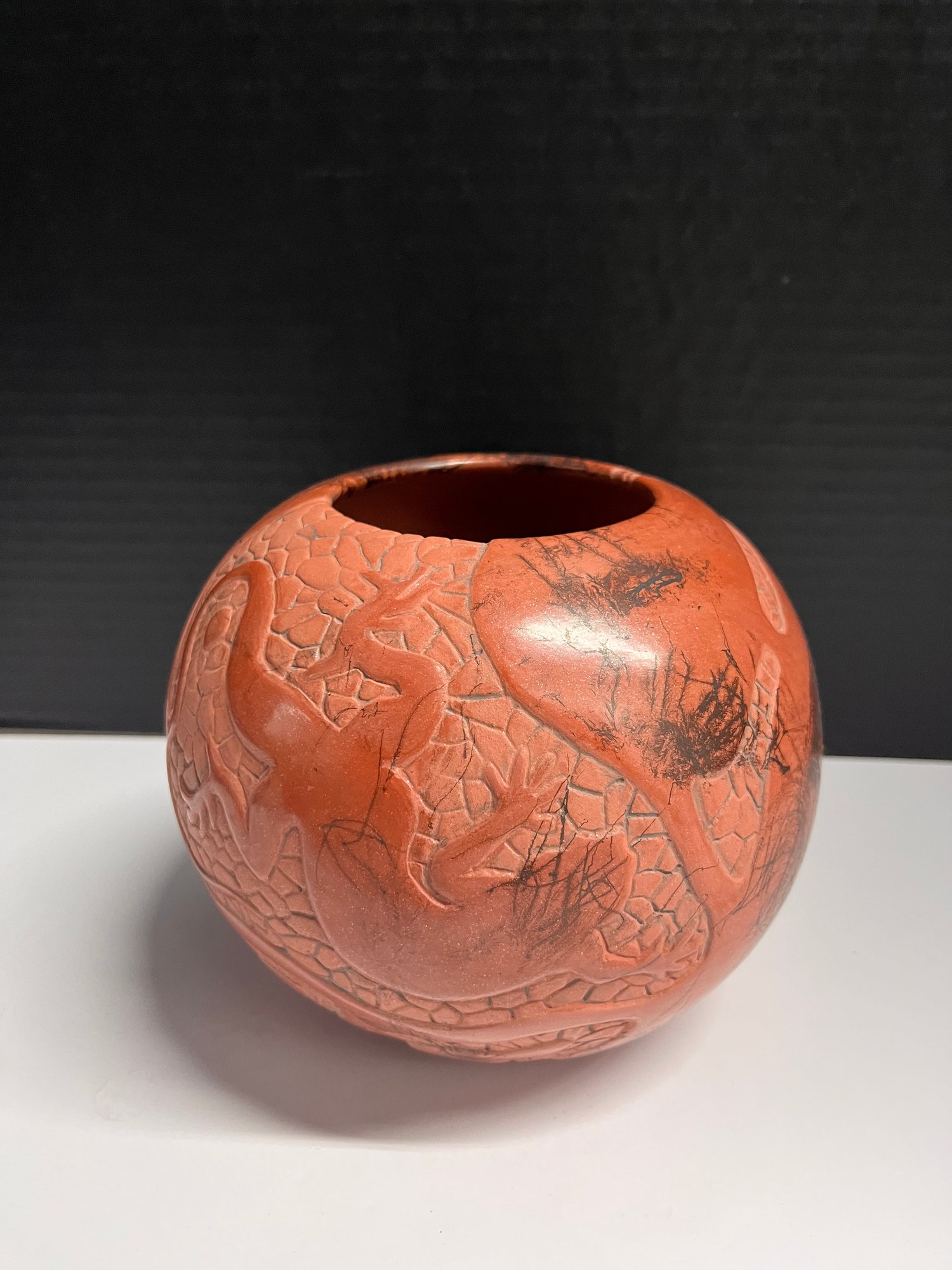 Ceramic Sgraffito Olla W/Horsehair On Terra Cotta Base Made In 1984 By ...