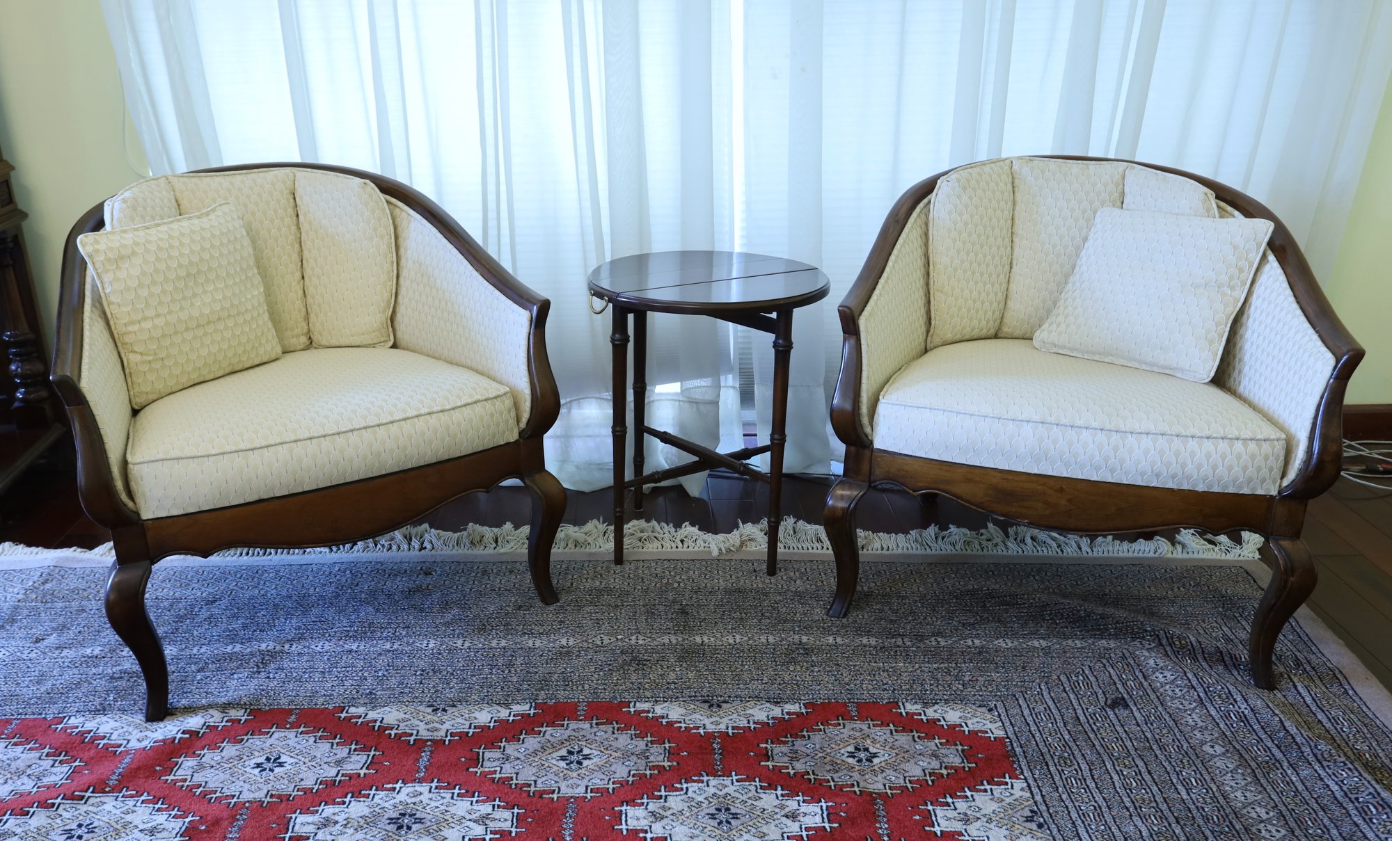 PAIR OF BARREL CHAIRS AND FOLDING TABLE #16749 | Auctionninja.com