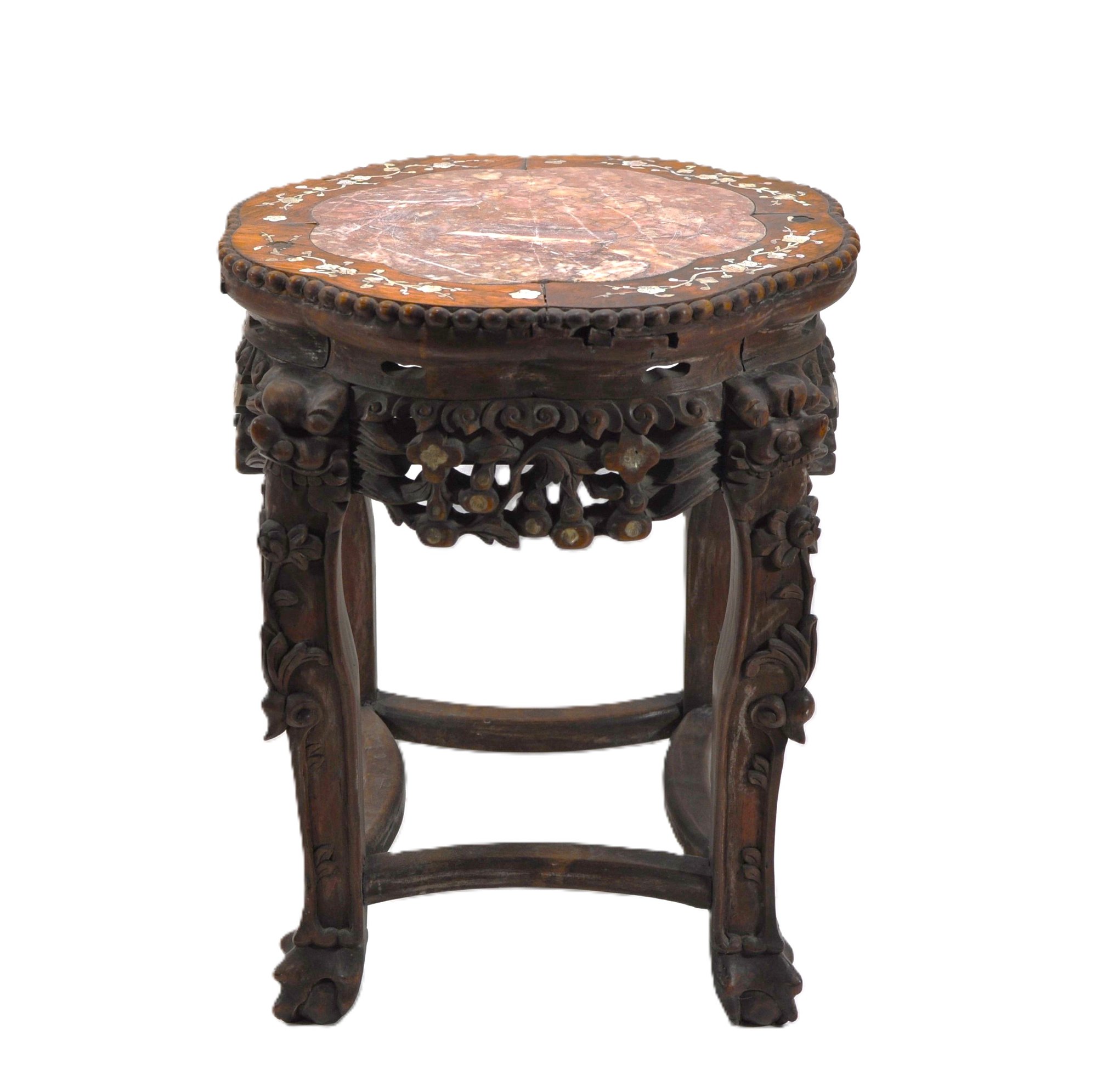 Antique Chinese Hand Carved Hardwood Marble And MOP Table/ Stool #2124 ...