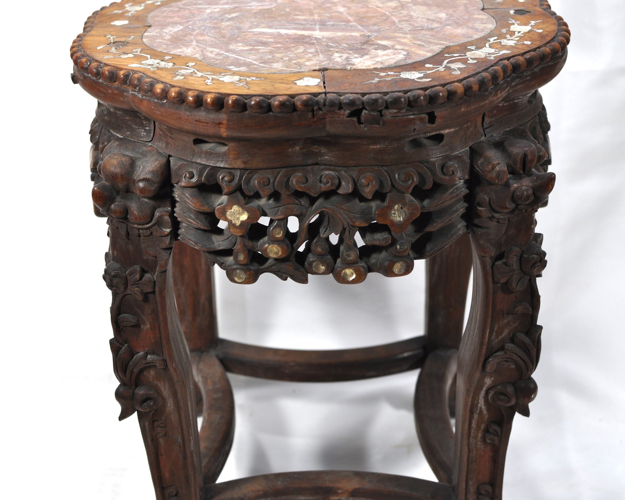 Antique Chinese Hand Carved Hardwood Marble And MOP Table/ Stool #2124 ...
