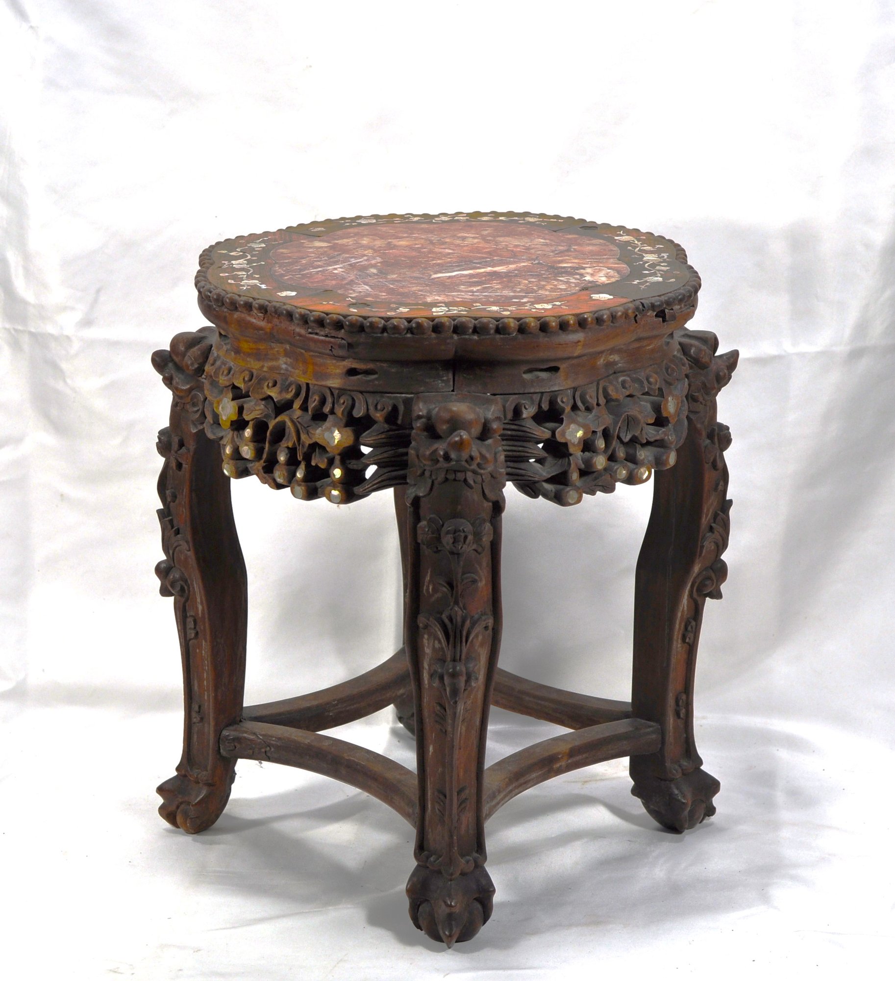 Antique Chinese Hand Carved Hardwood Marble And MOP Table/ Stool #2124 ...