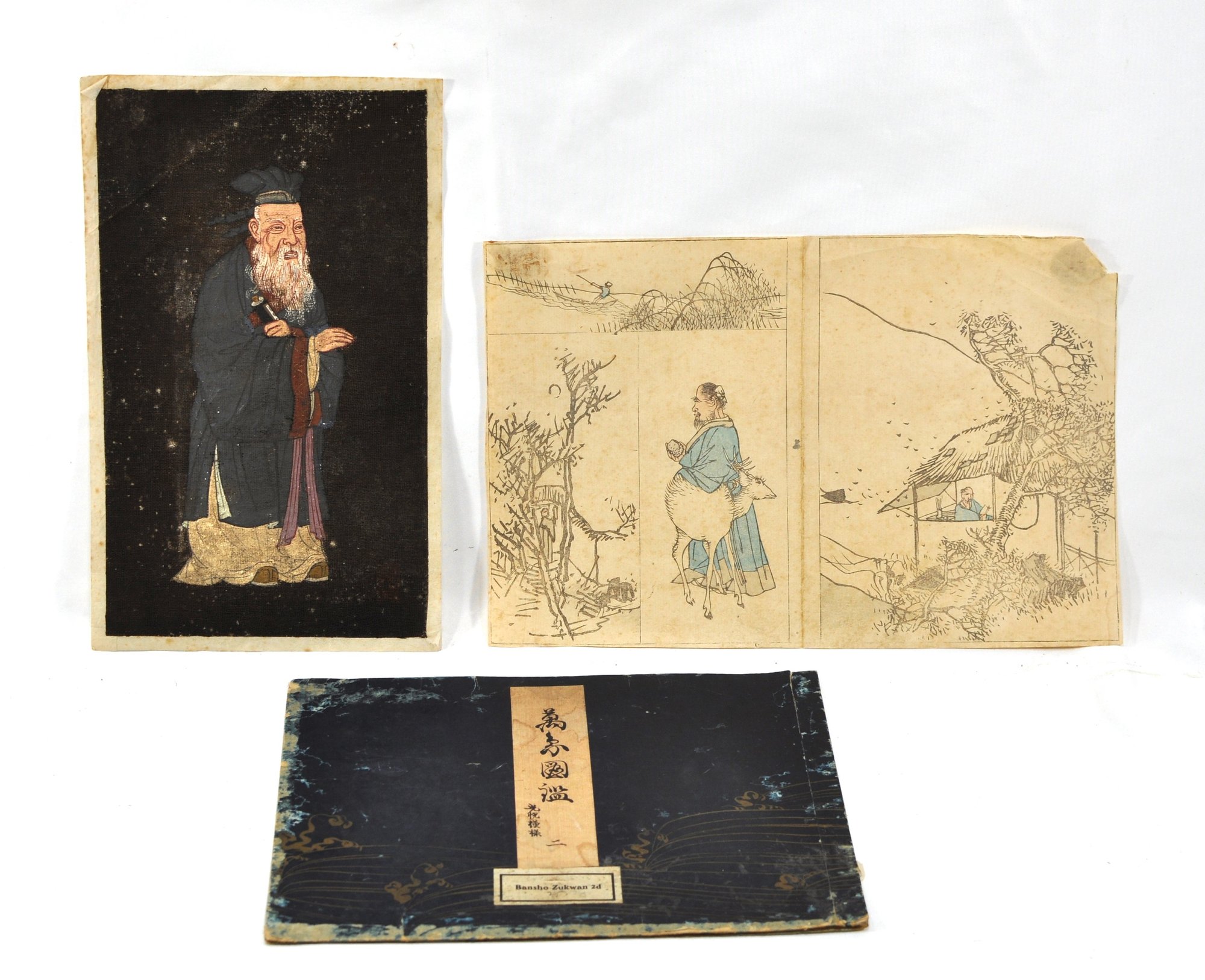 Lot Of Antique Asian Art: Painting Of Confucius, Drawing Of Ninja ...