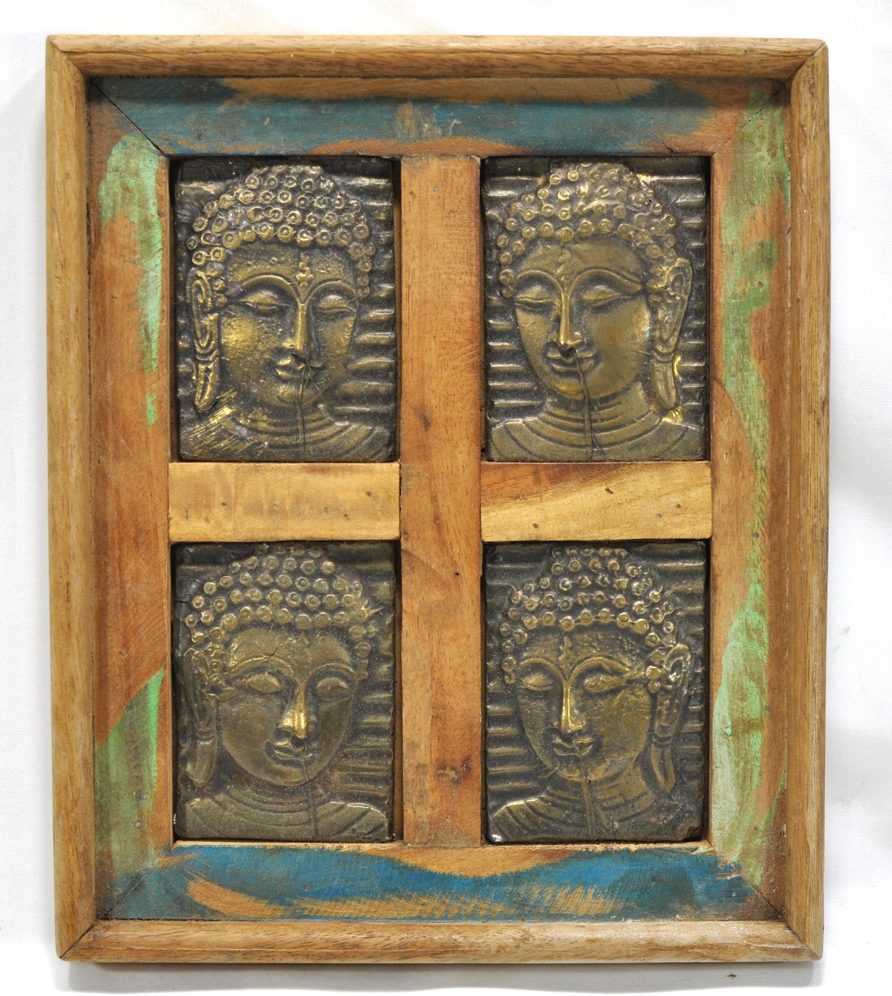 Vintage Wood Plaque With Four Bronze Buddha Heads #1522 | Auctionninja.com