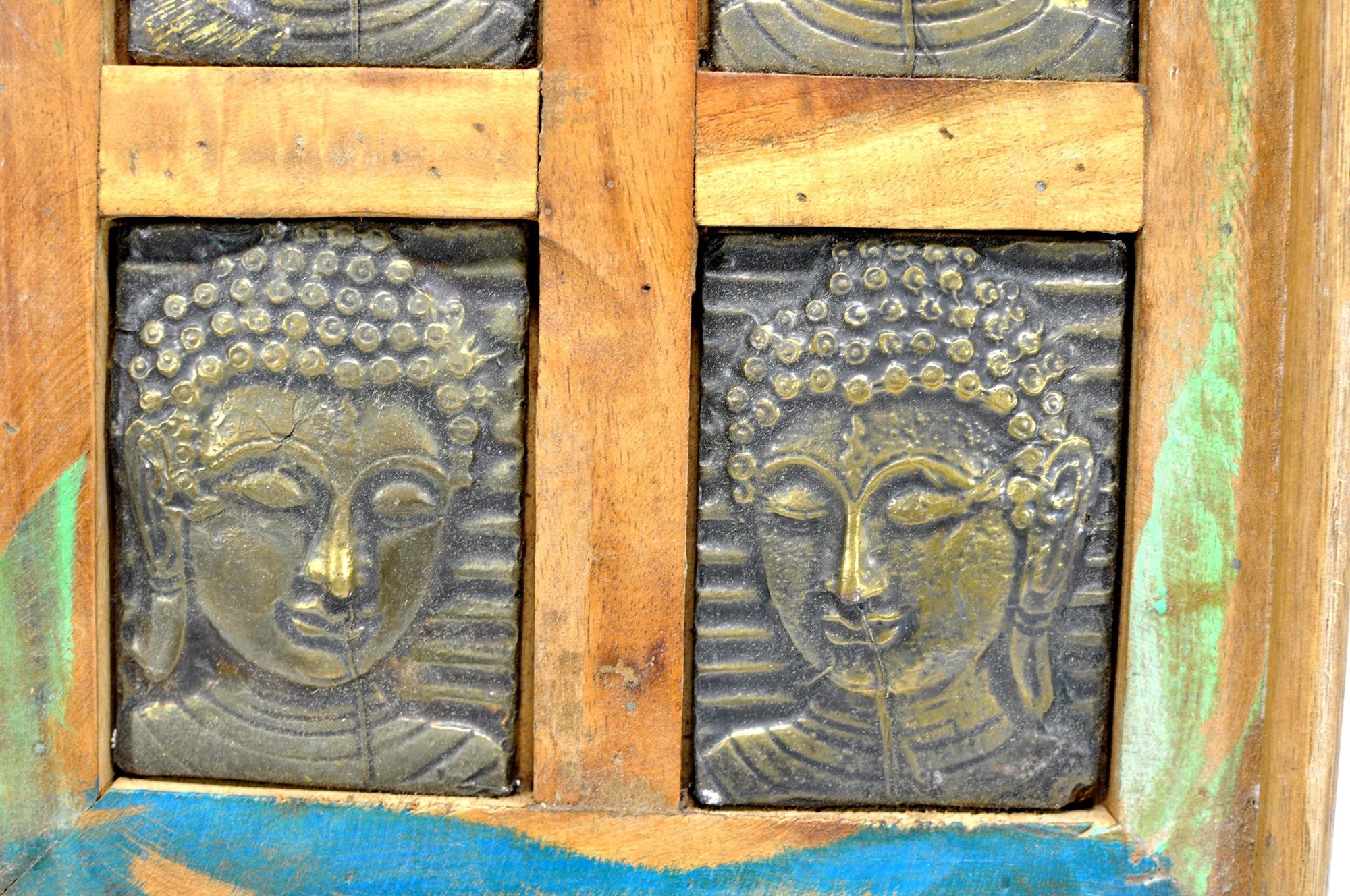 Vintage Wood Plaque With Four Bronze Buddha Heads #1522 | Auctionninja.com