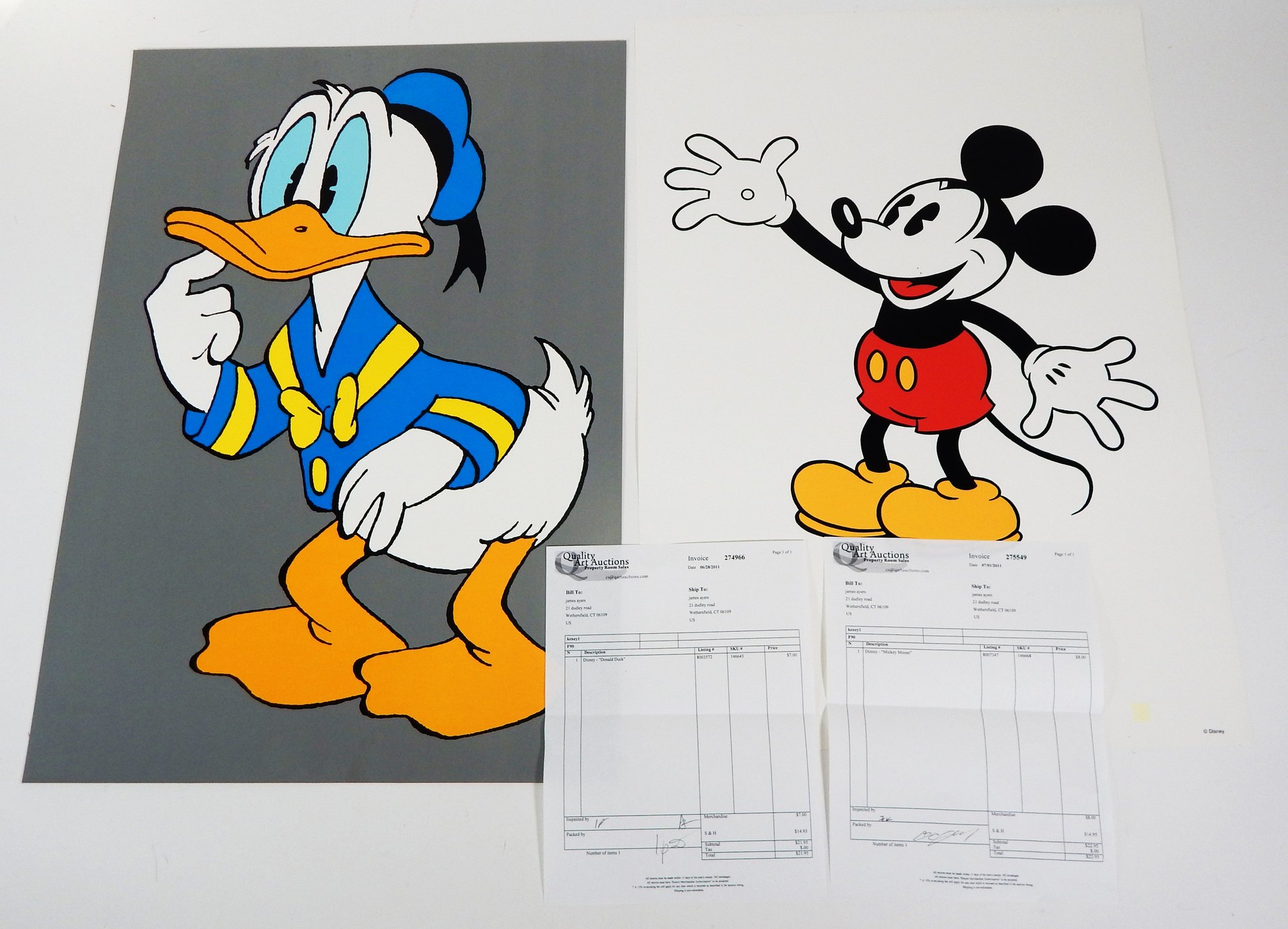 Pair Donald Duck Mickey Mouse Lithographs With Original Purchase