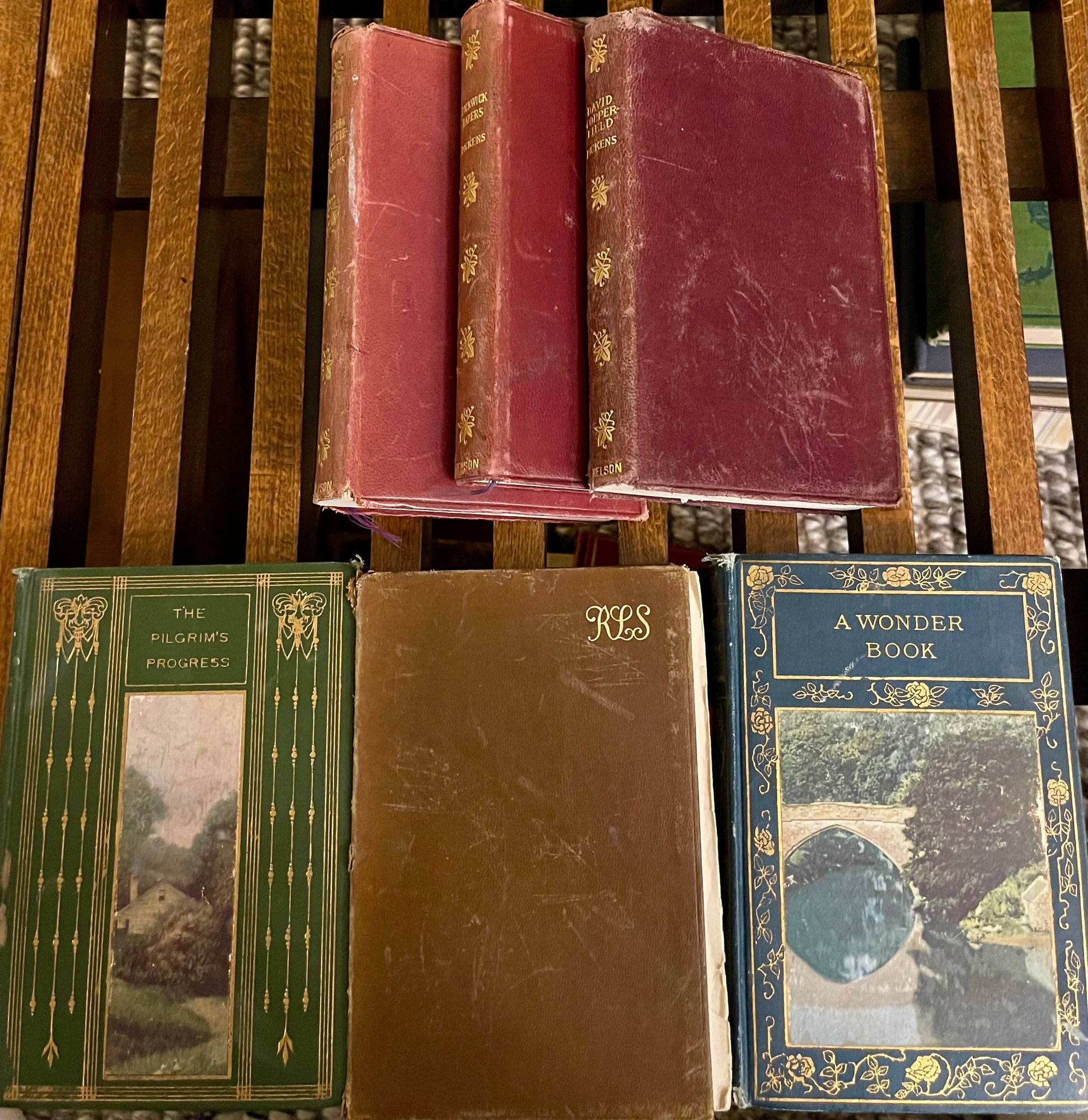 Antique 3 Leather Bound Dickens Books - Hawthorne A Wonder Book ...