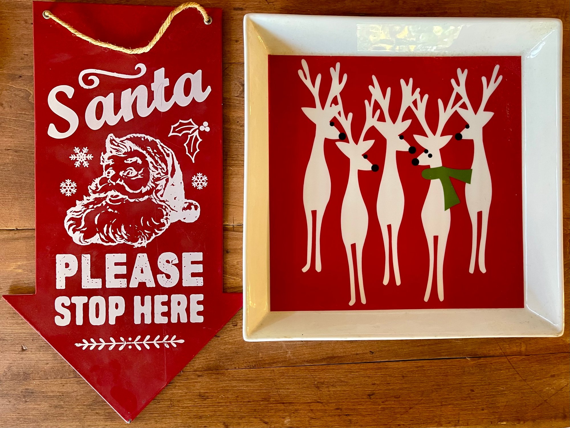 Crate And Barrel Reindeer Tray, Metal Santa Please Stop Here Sign ...