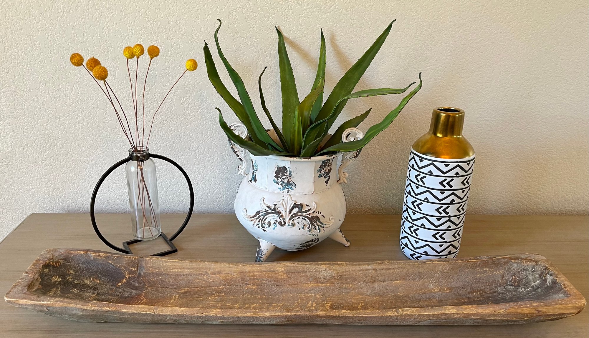 Home Decor: Carved Wood Tray, Metal Urn With Faux Aloe, Pottery Vase & Metal And Glass Bud Vase ...