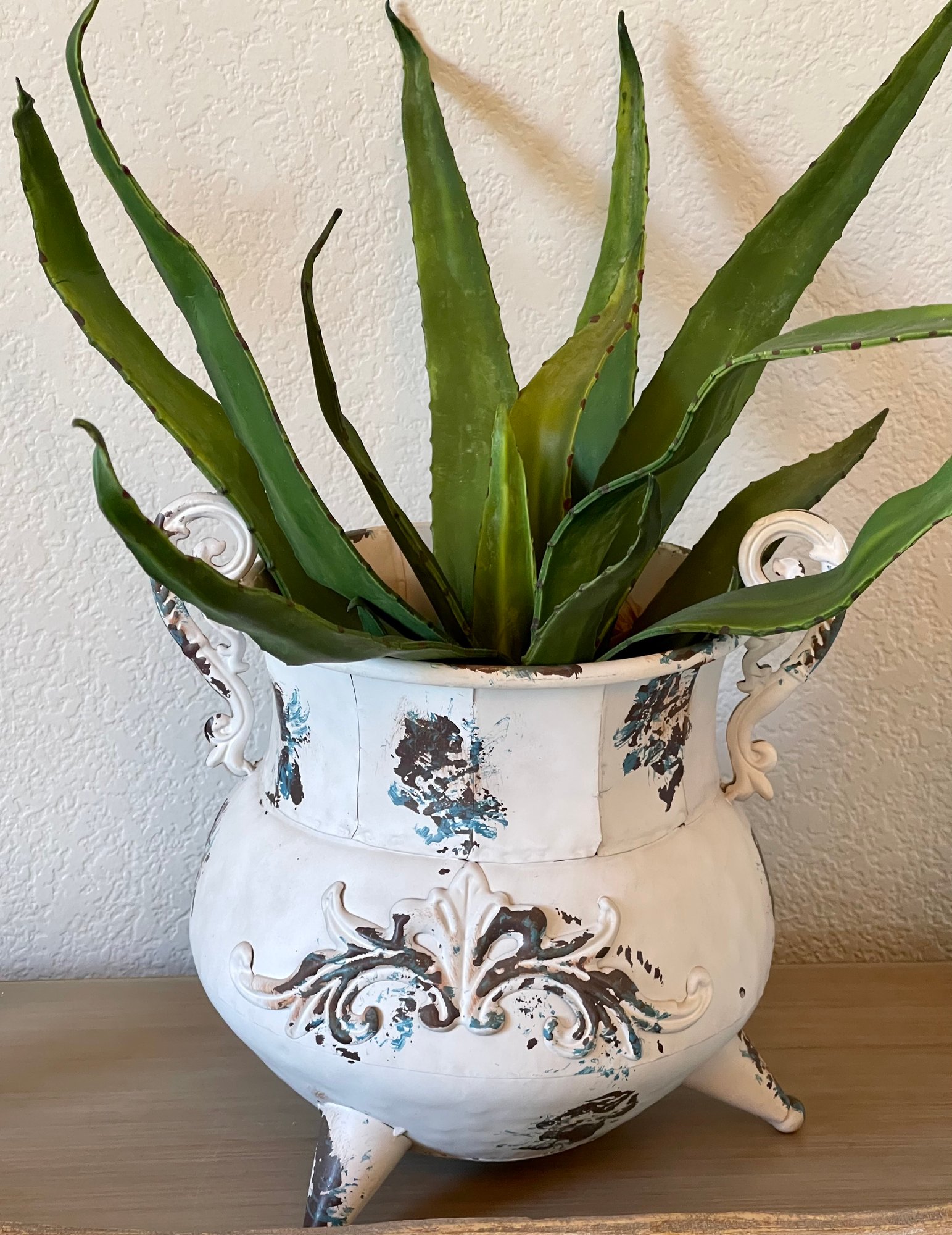 Home Decor: Carved Wood Tray, Metal Urn With Faux Aloe, Pottery Vase & Metal And Glass Bud Vase ...
