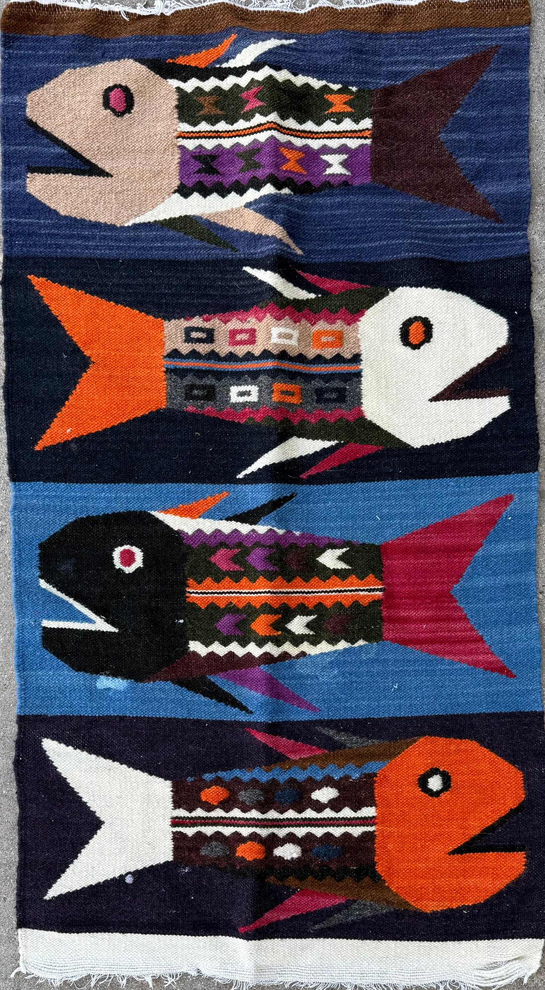 Vintage Ecuadorian Hand Woven Wool Blue, Orange And Brown Fish Rug Or ...