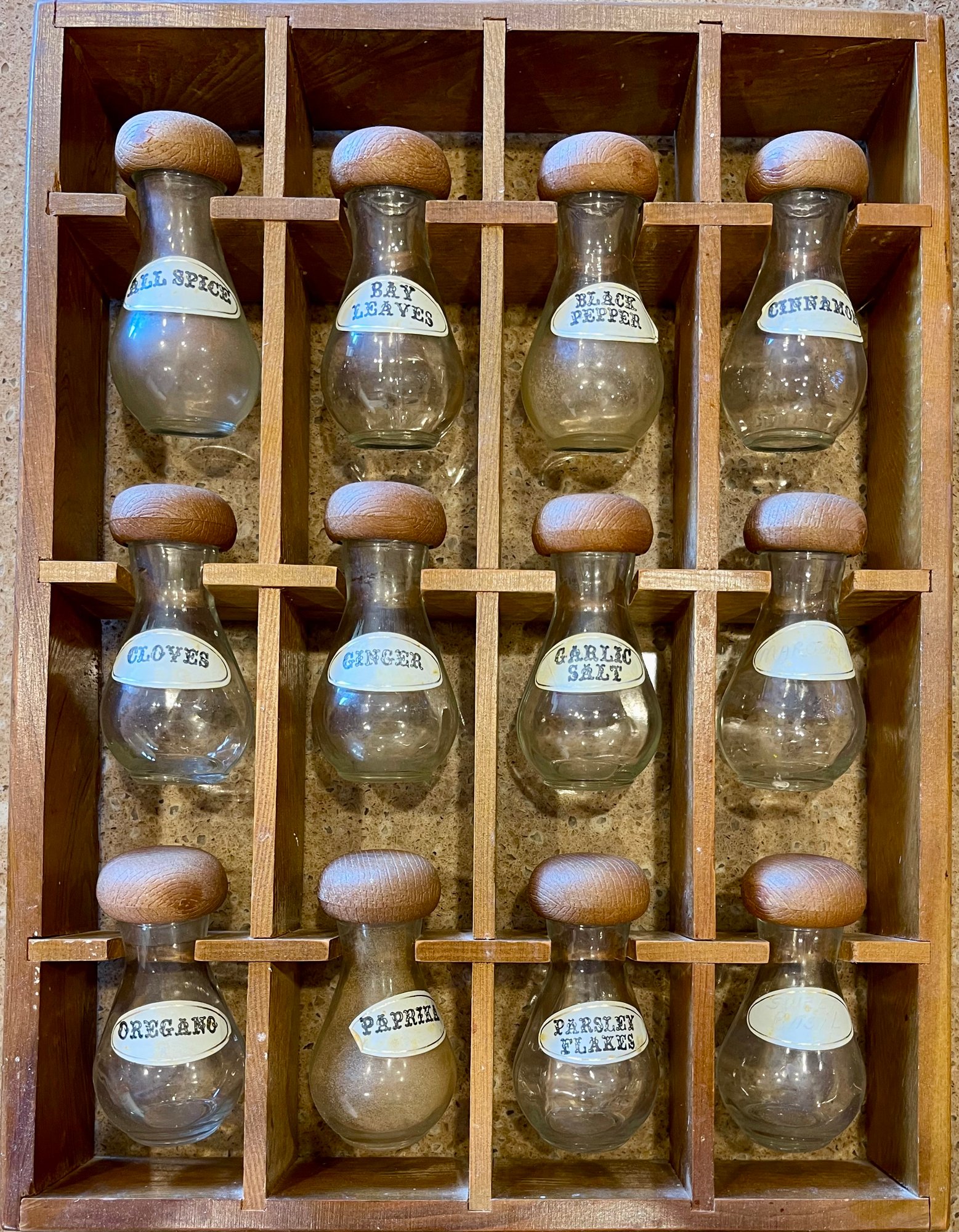 Vintage MCM Apothecary Spice Rack With Glass Mushroom Spice Jars And ...