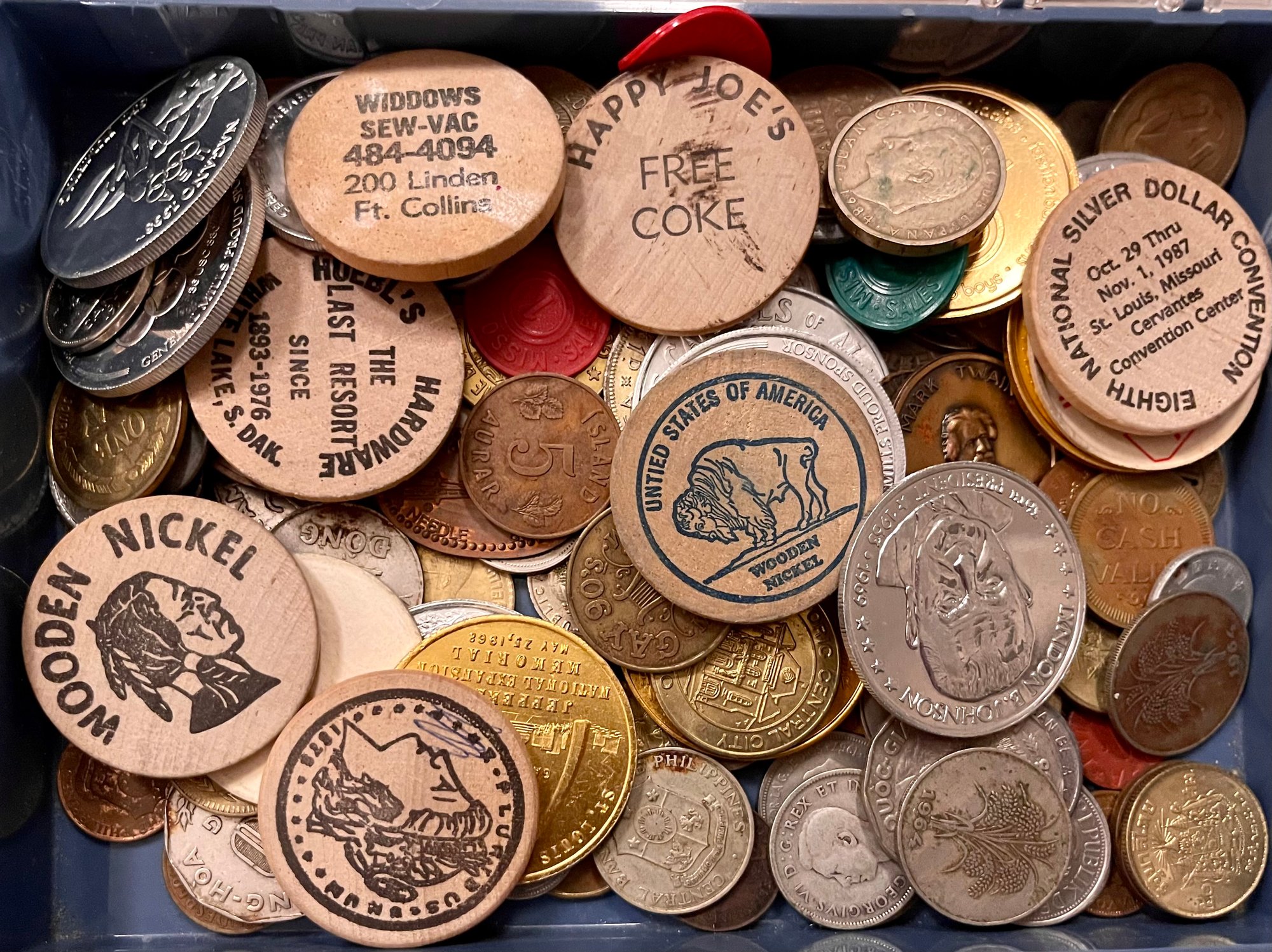 Box Of Vintage Wood Tokens, Metal Tokens And Foreign Coins #30990 ...