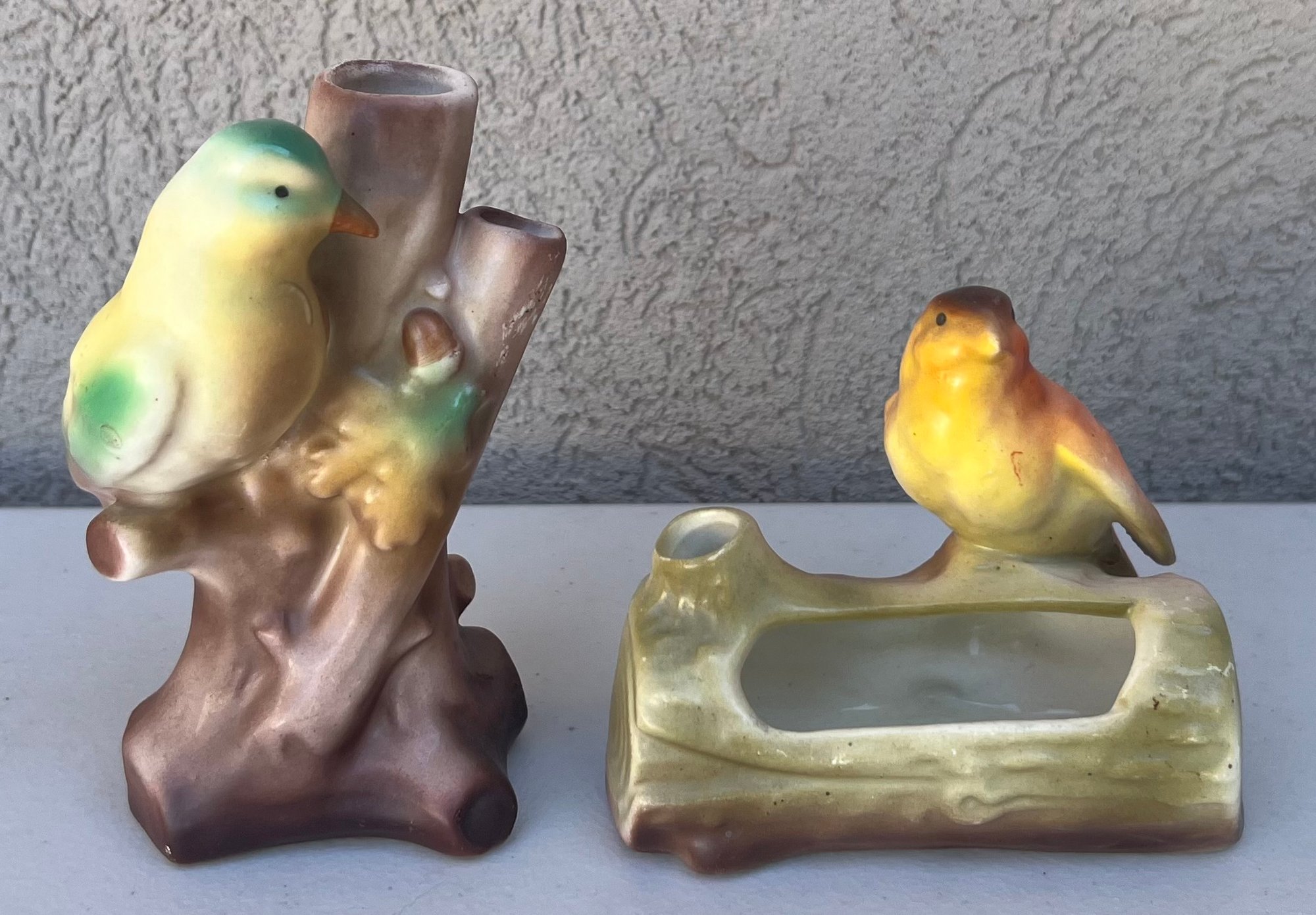 (2) Vintage Czech Hand Painted Ceramic Bird On Log Planter And Vase ...