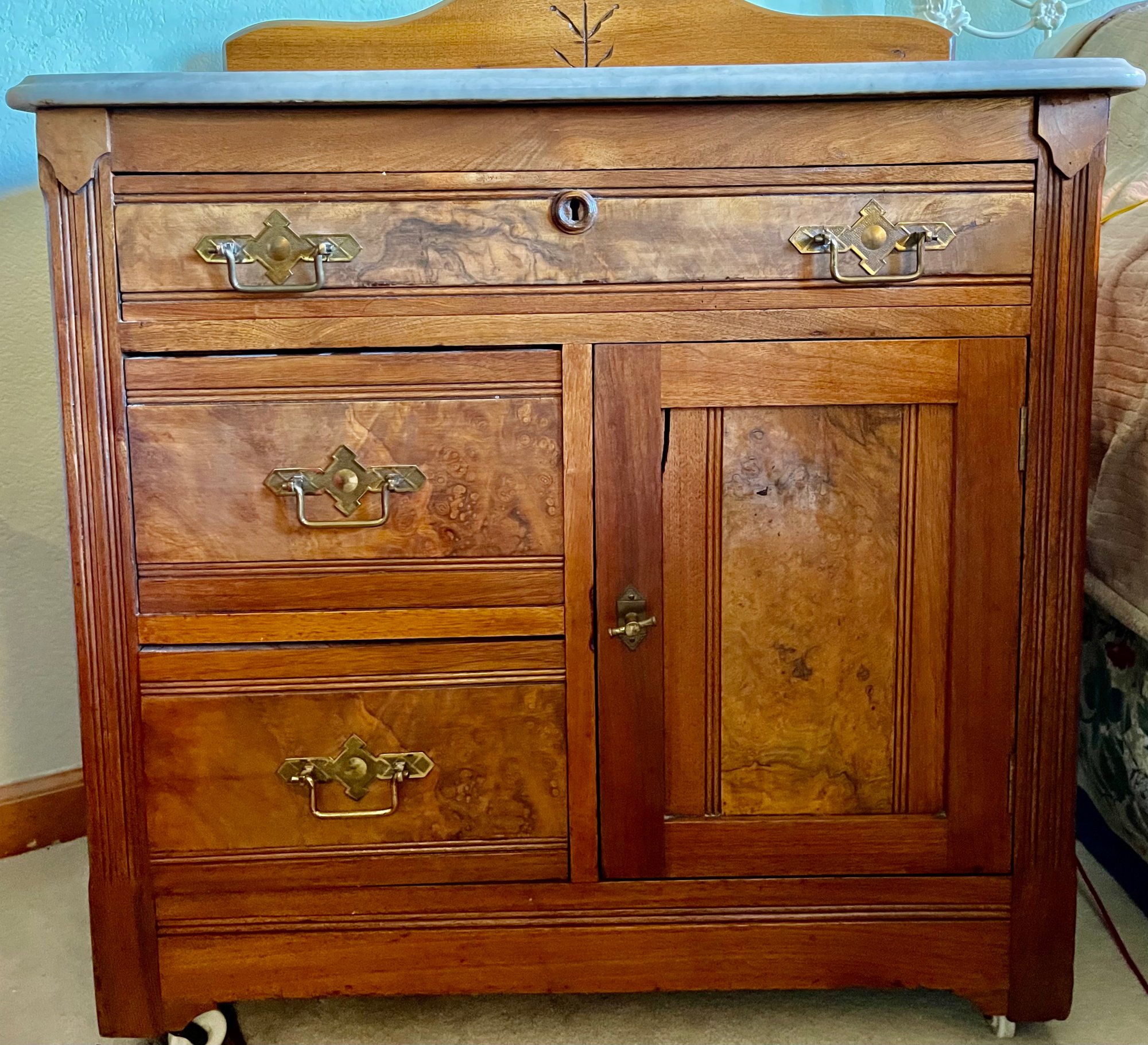 Antique East Lake Commode With Marble Top And Burl Walnut Front Knapp ...