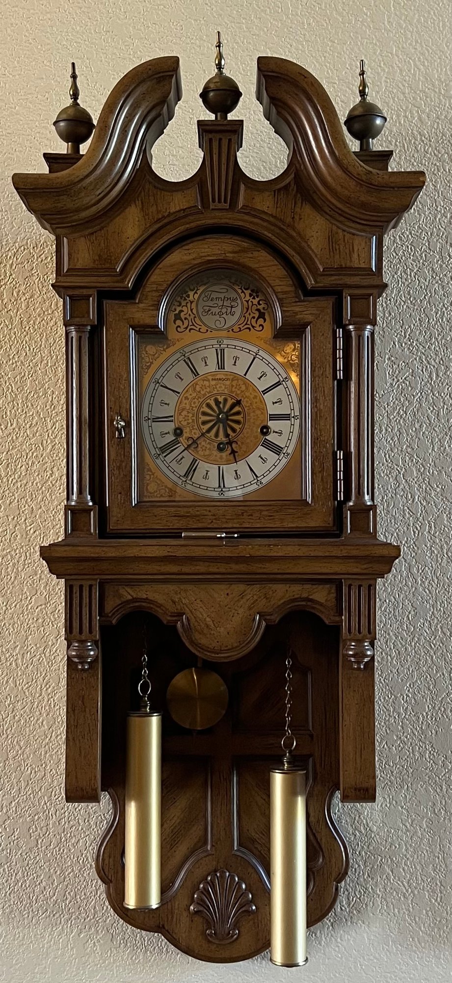 1972 Paragon Design Tempus Fugit Wall Clock With Brass Finials And Key ...