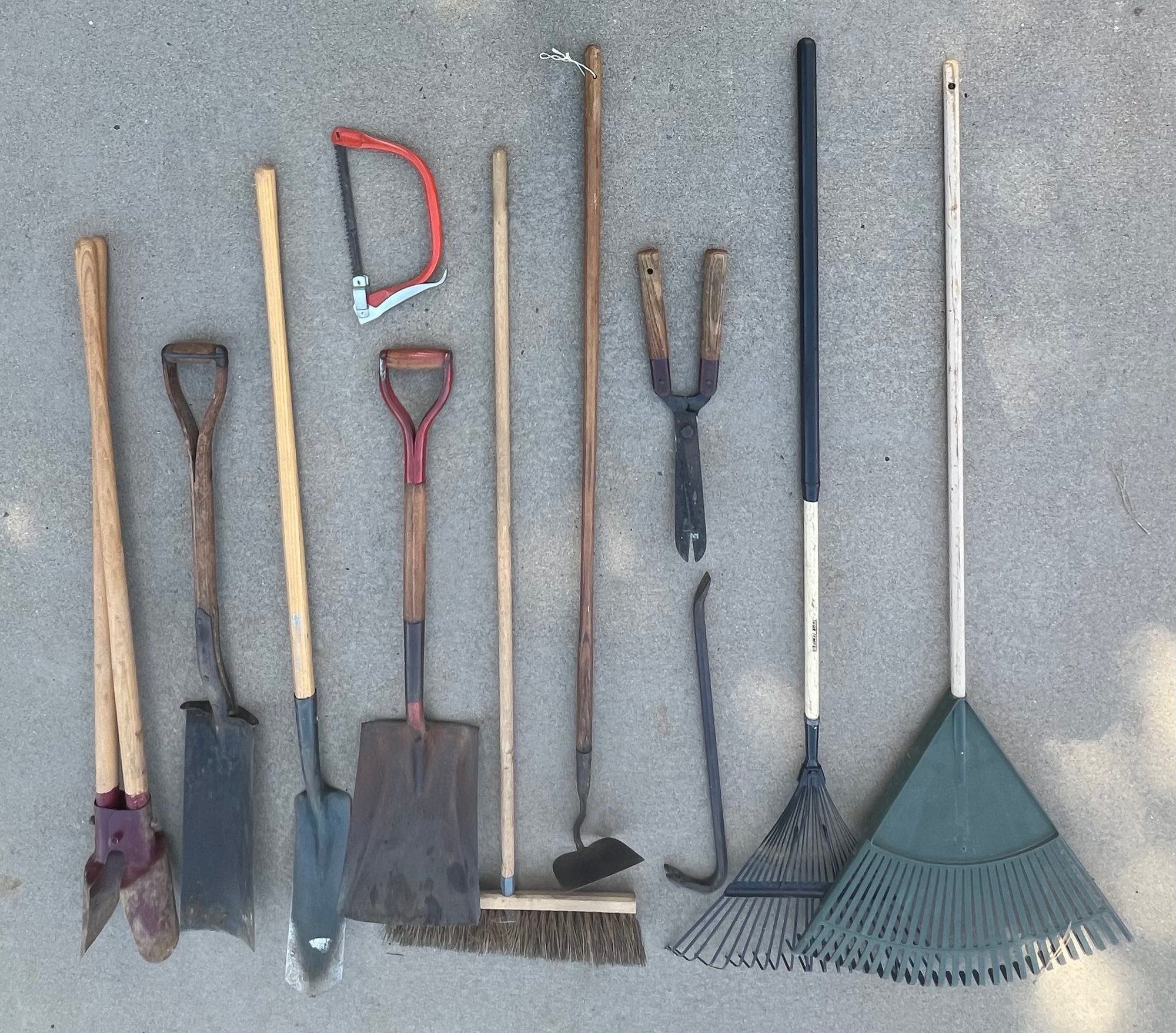Hand Took Lot - Shovels, Post Digger, Rakes, Hand Saw, Shop Broom ...