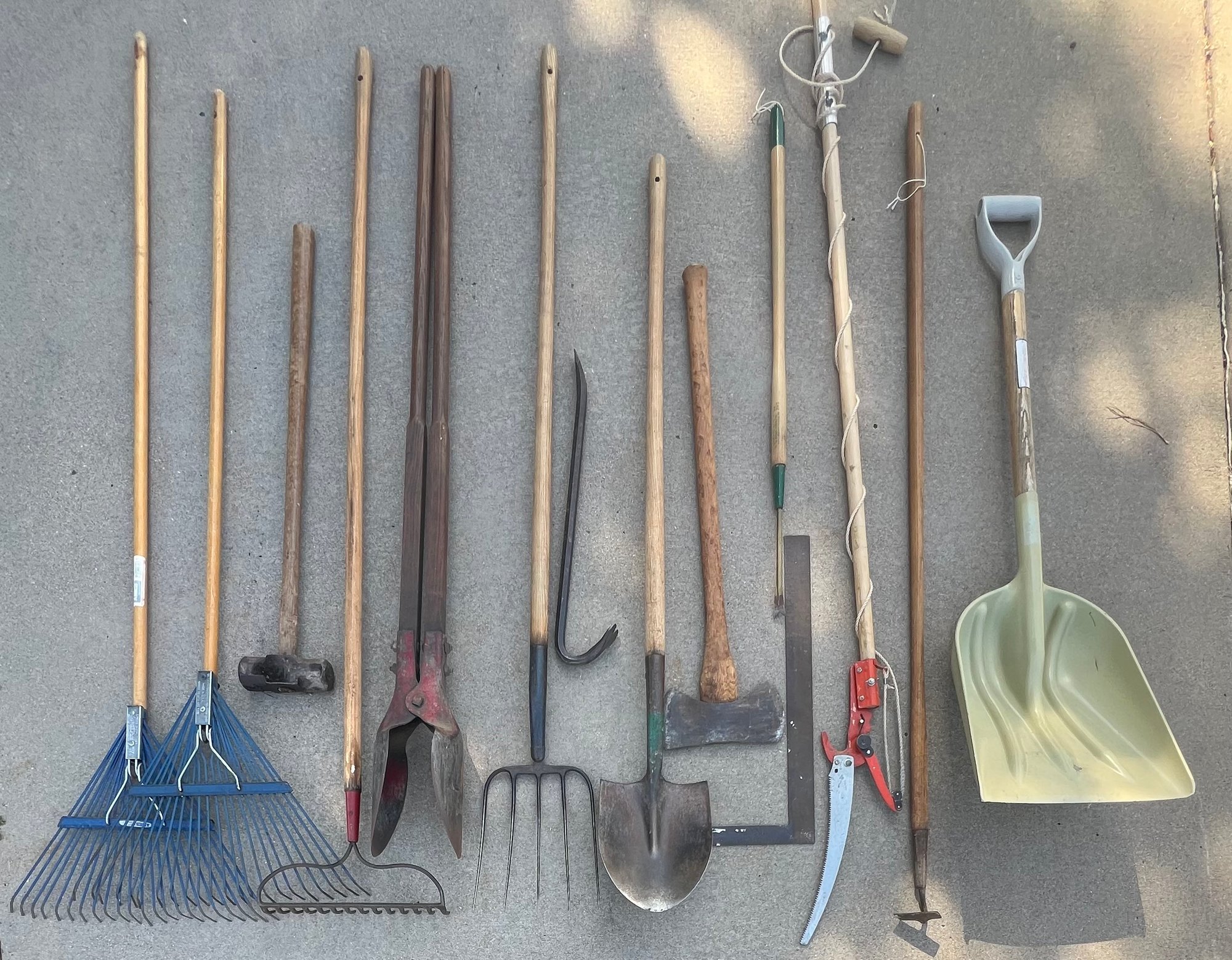 Hand Tool Lot - Double Sided Axe, Pole Saw, Rakes, Sledgehammer, Pitch ...