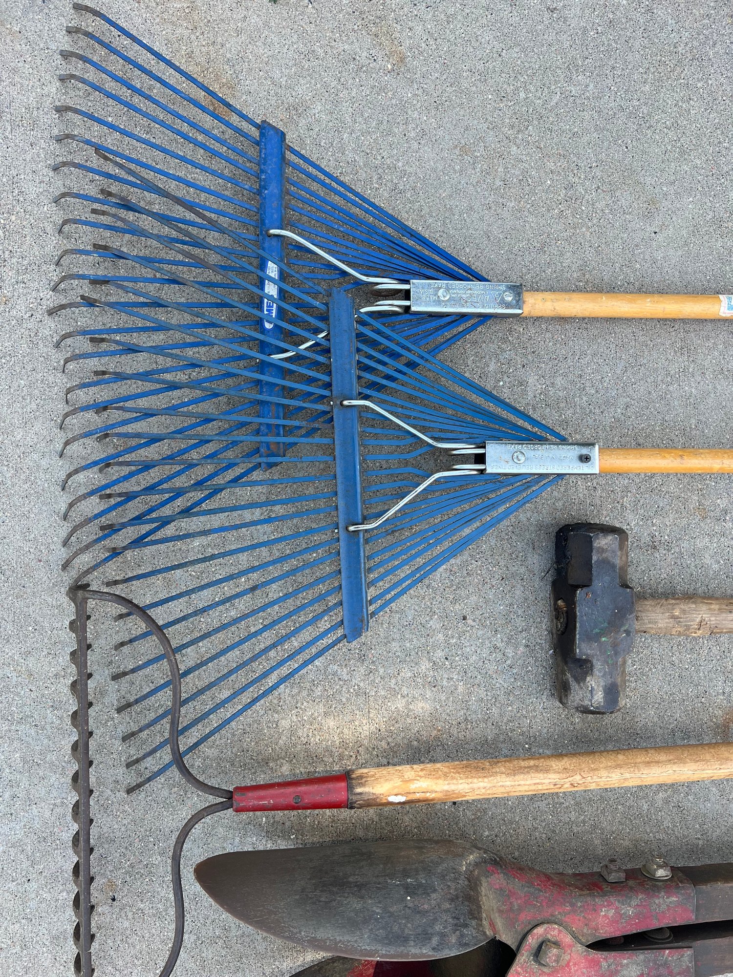 Hand Tool Lot - Double Sided Axe, Pole Saw, Rakes, Sledgehammer, Pitch ...