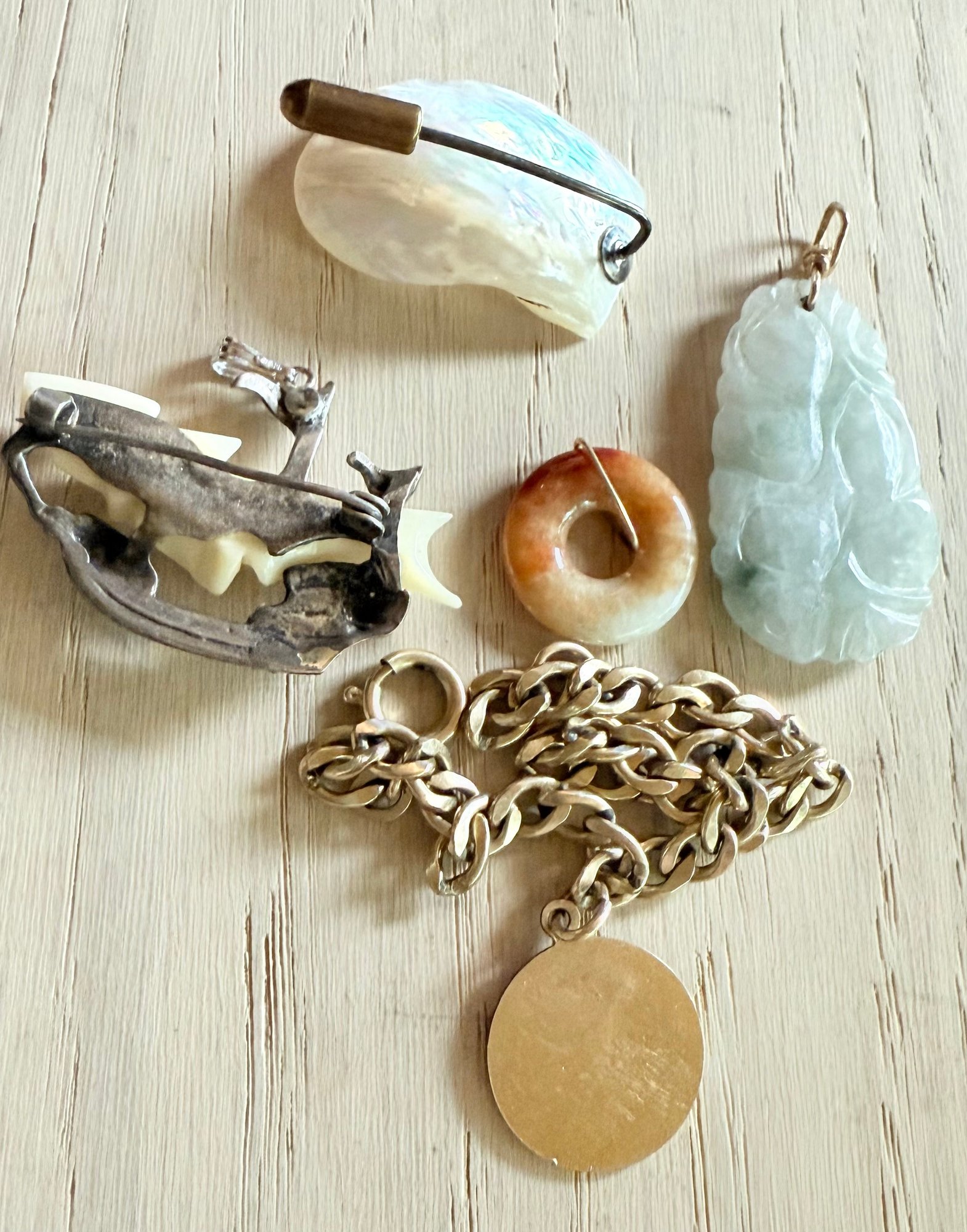 Vintage Pins And Pendants Carved Jade - Teeth Boat - 12k Gf Bracelet ...