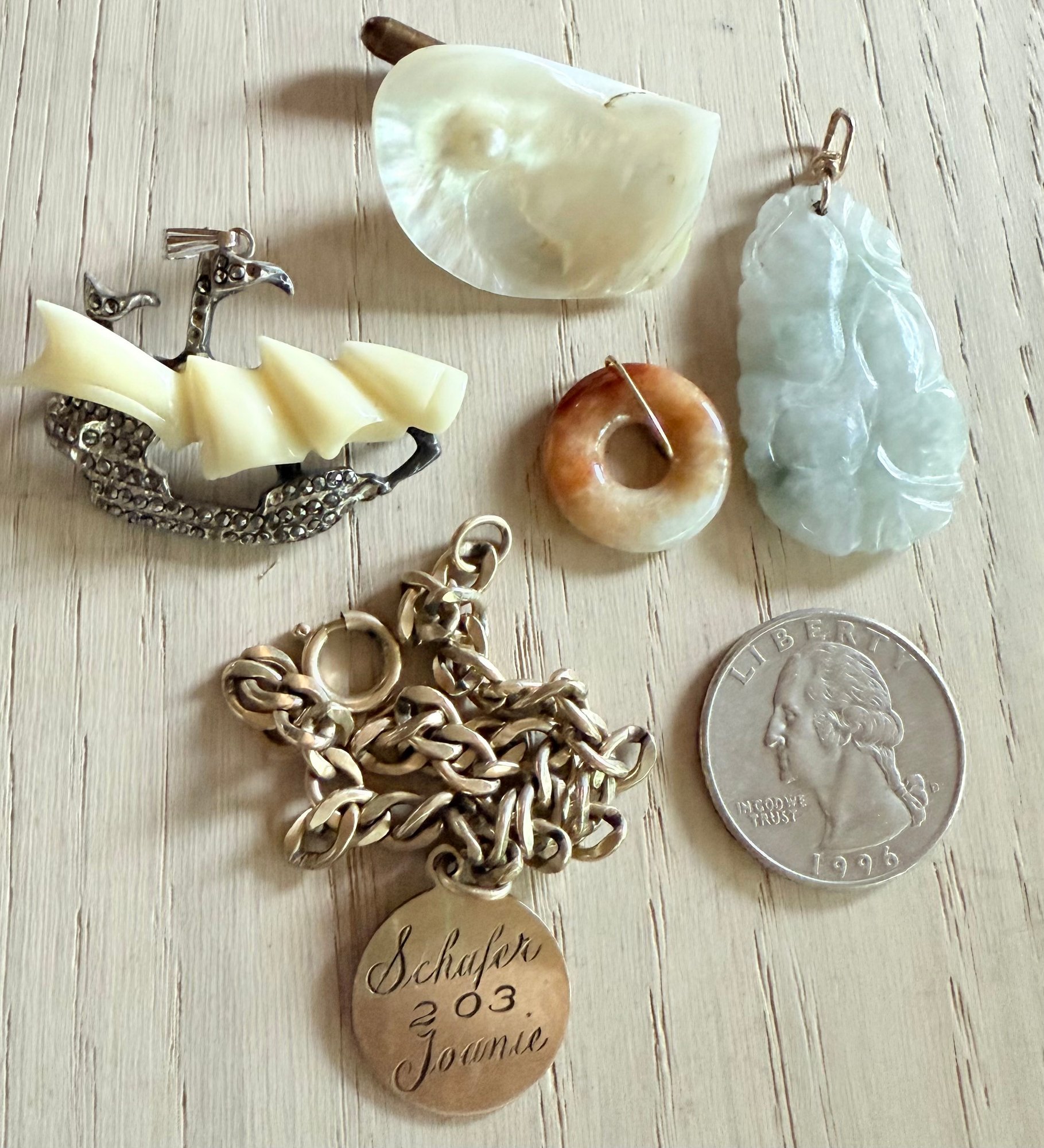 Vintage Pins And Pendants Carved Jade - Teeth Boat - 12k Gf Bracelet ...
