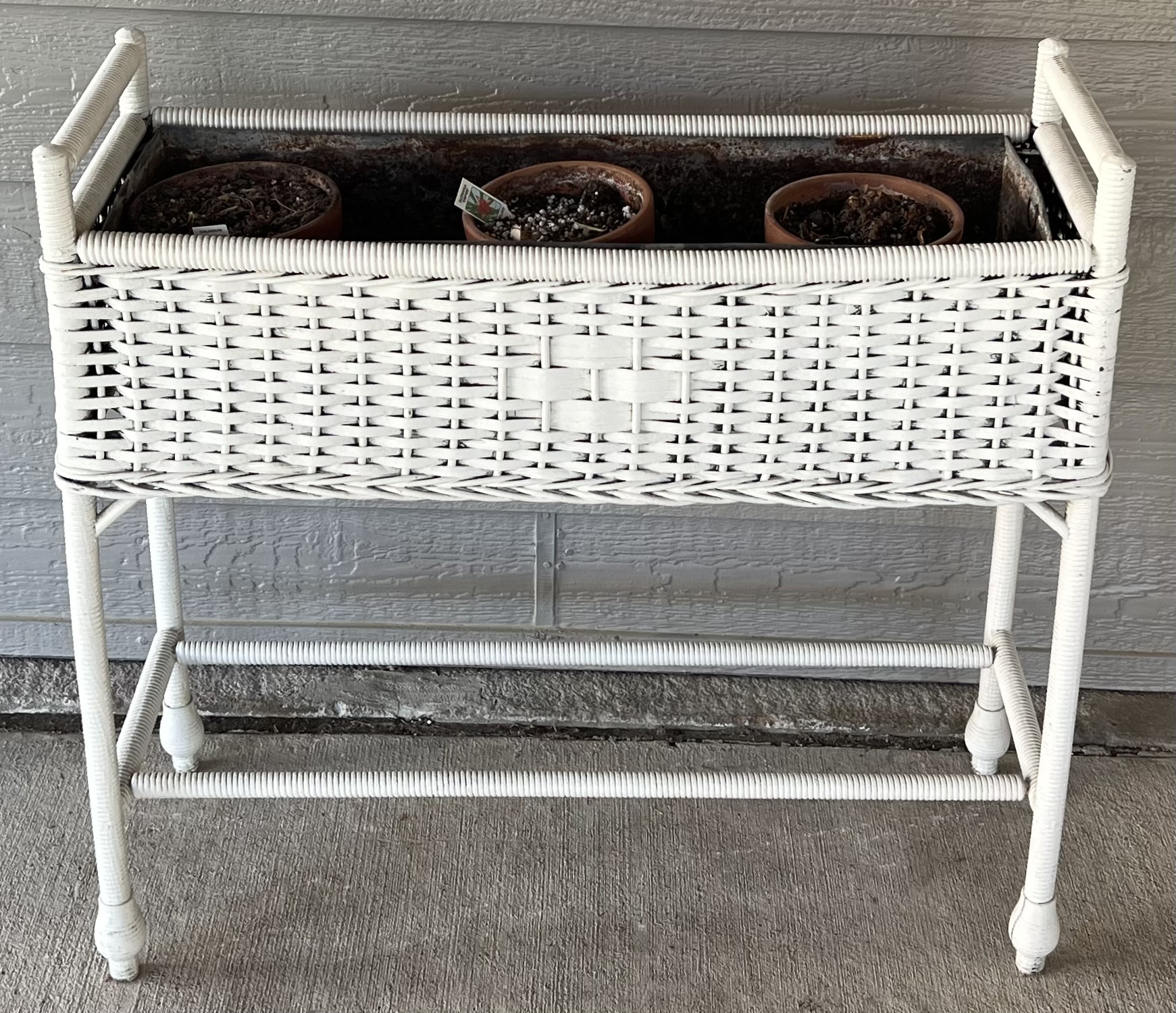Vintage White Wicker Planter With Metal Insert And Terracotta Pots ...
